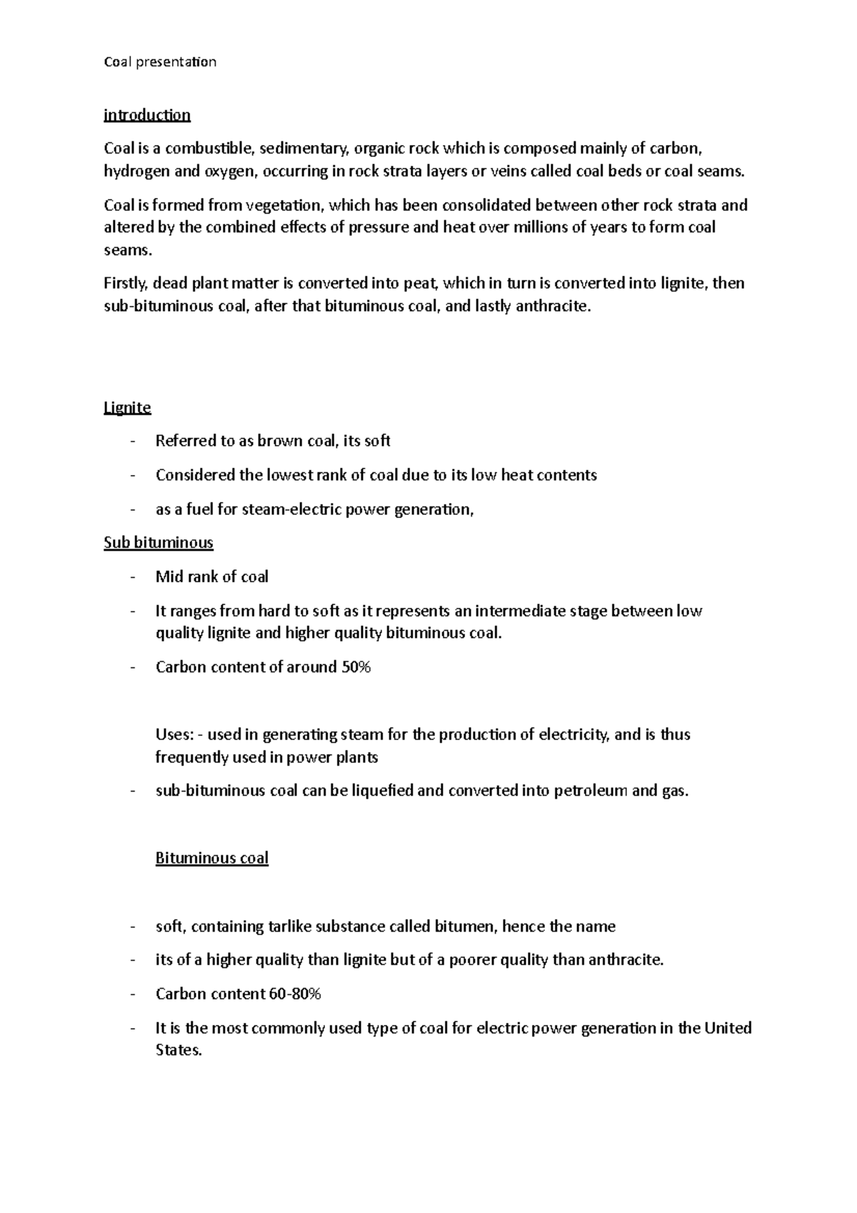 Coal presentation - Coal presentation introduction Coal is a ...