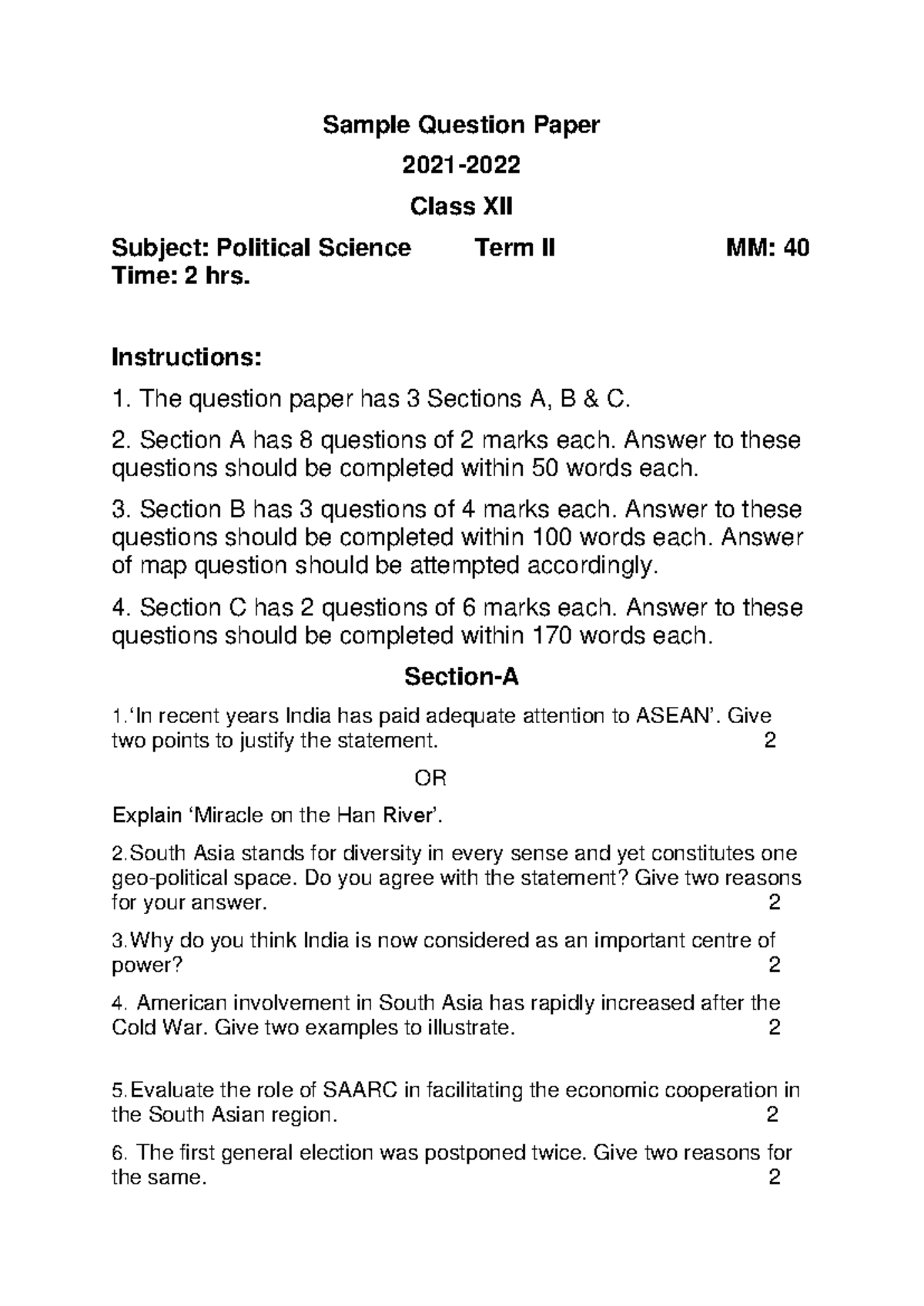 Pol Sci-SQP Term2 - Sample Question Paper 2021- Class XII Subject ...