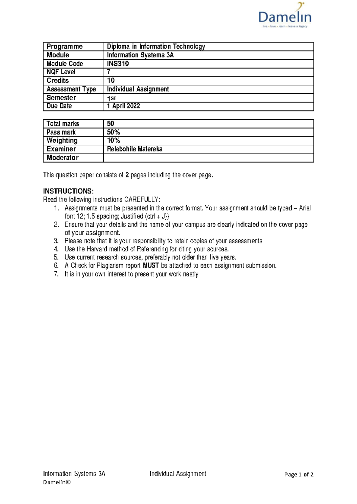 Information Systems 3A - Information Systems 3A Damelin© Individual ...