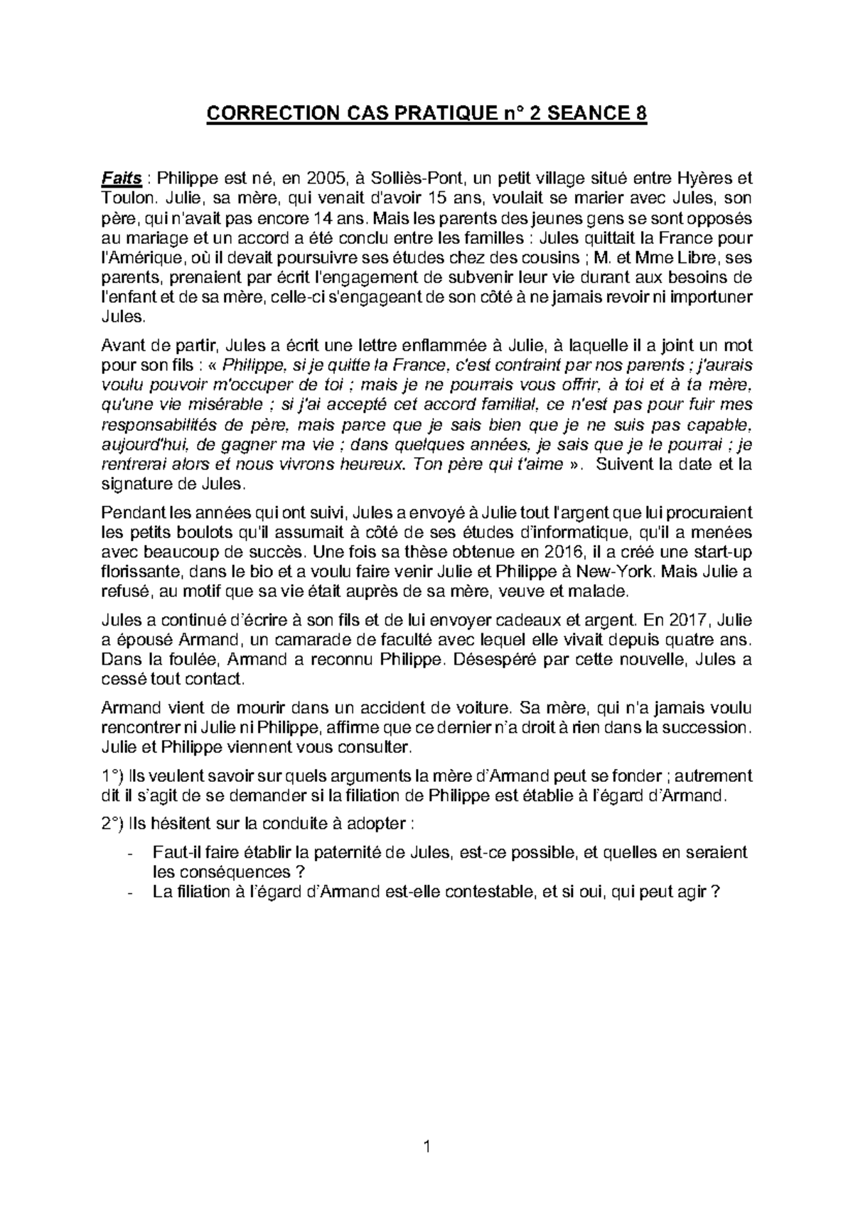 Corrigé officiel séance 8 - CORRECTION CAS PRATIQUE n° 2 SEANCE 8 Faits ...