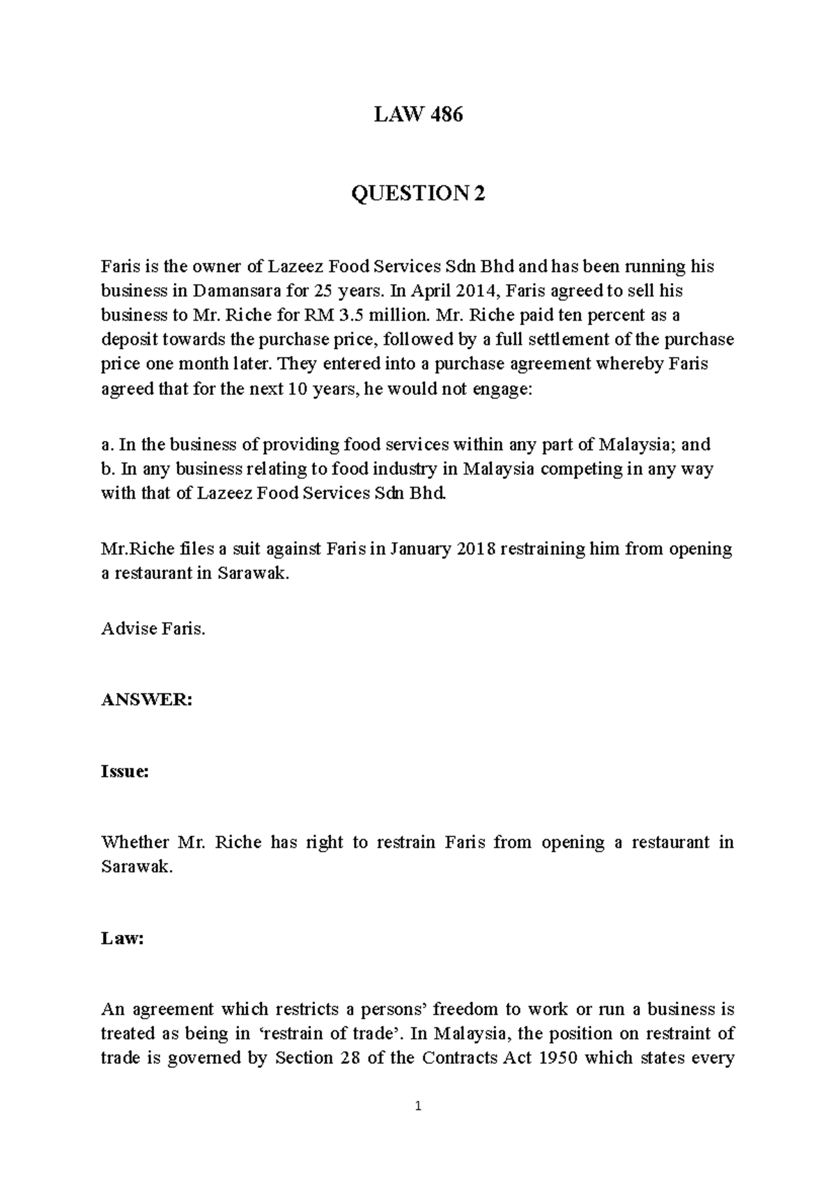 LAW486-TEST 3 - Example of answer - LAW 486 QUESTION 2 Faris is the ...