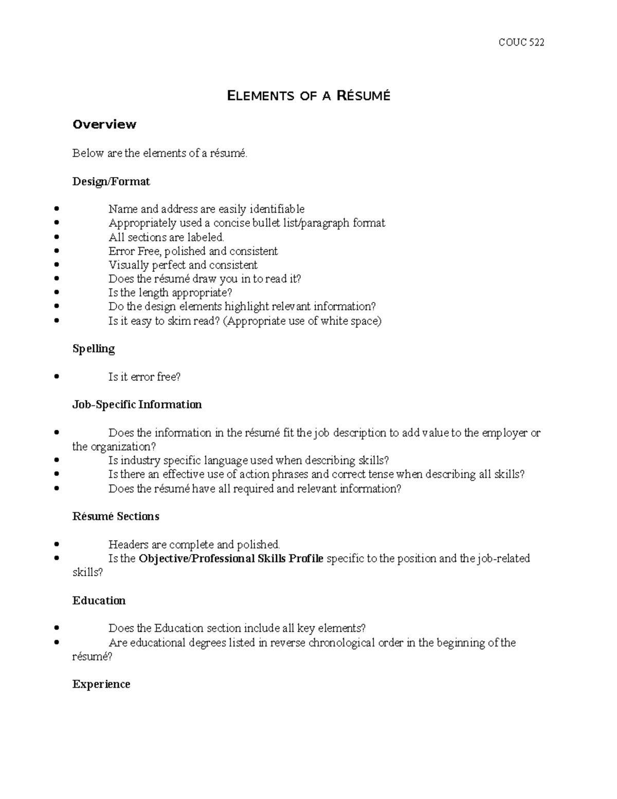Elements Of A Resume None COUC 522 ELEMENTS OF A R SUM Overview