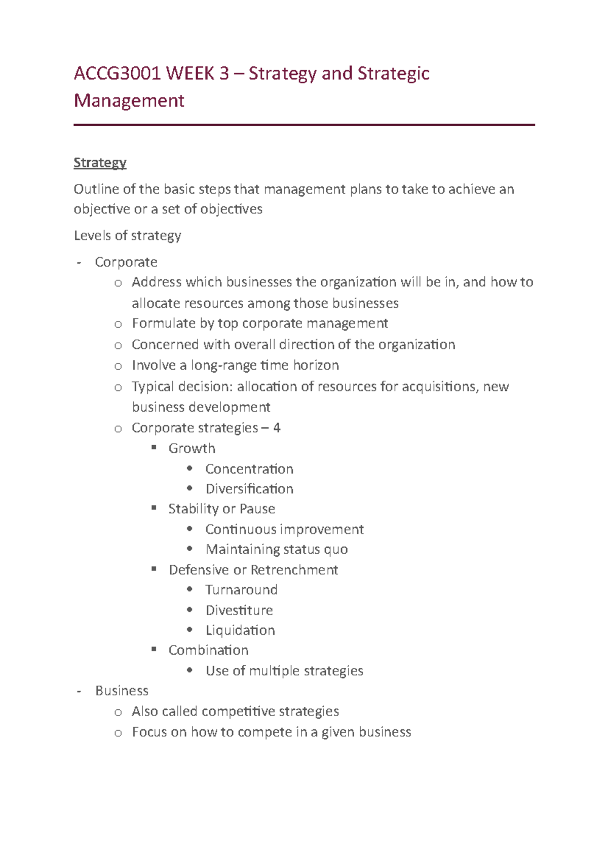 ACCG3001 WEEK 3 Lecture Notes - ACCG3001 WEEK 3 – Strategy and ...