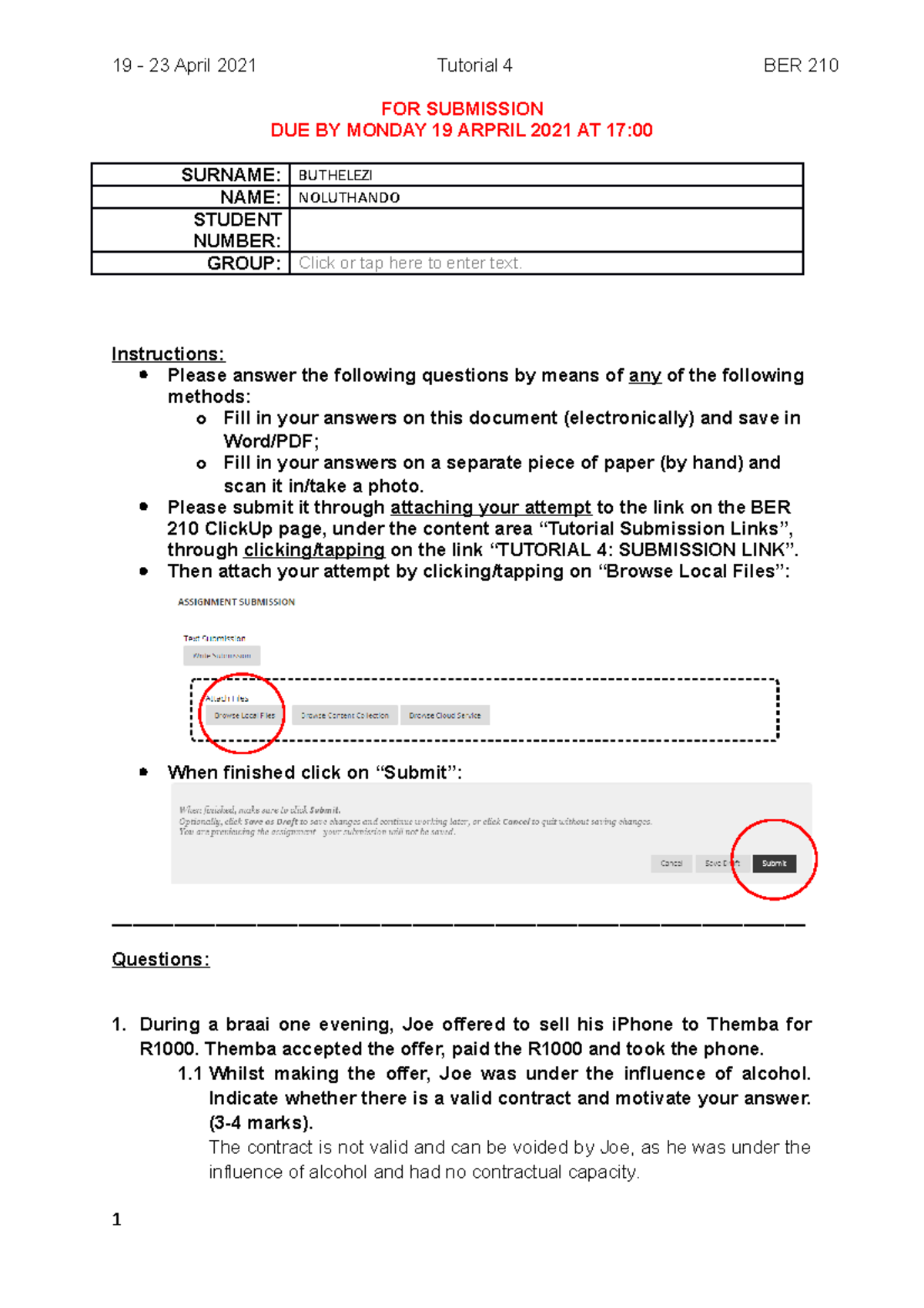 Tutorial 4 Questions For Submission 19 23 April 2021 Tutorial 4