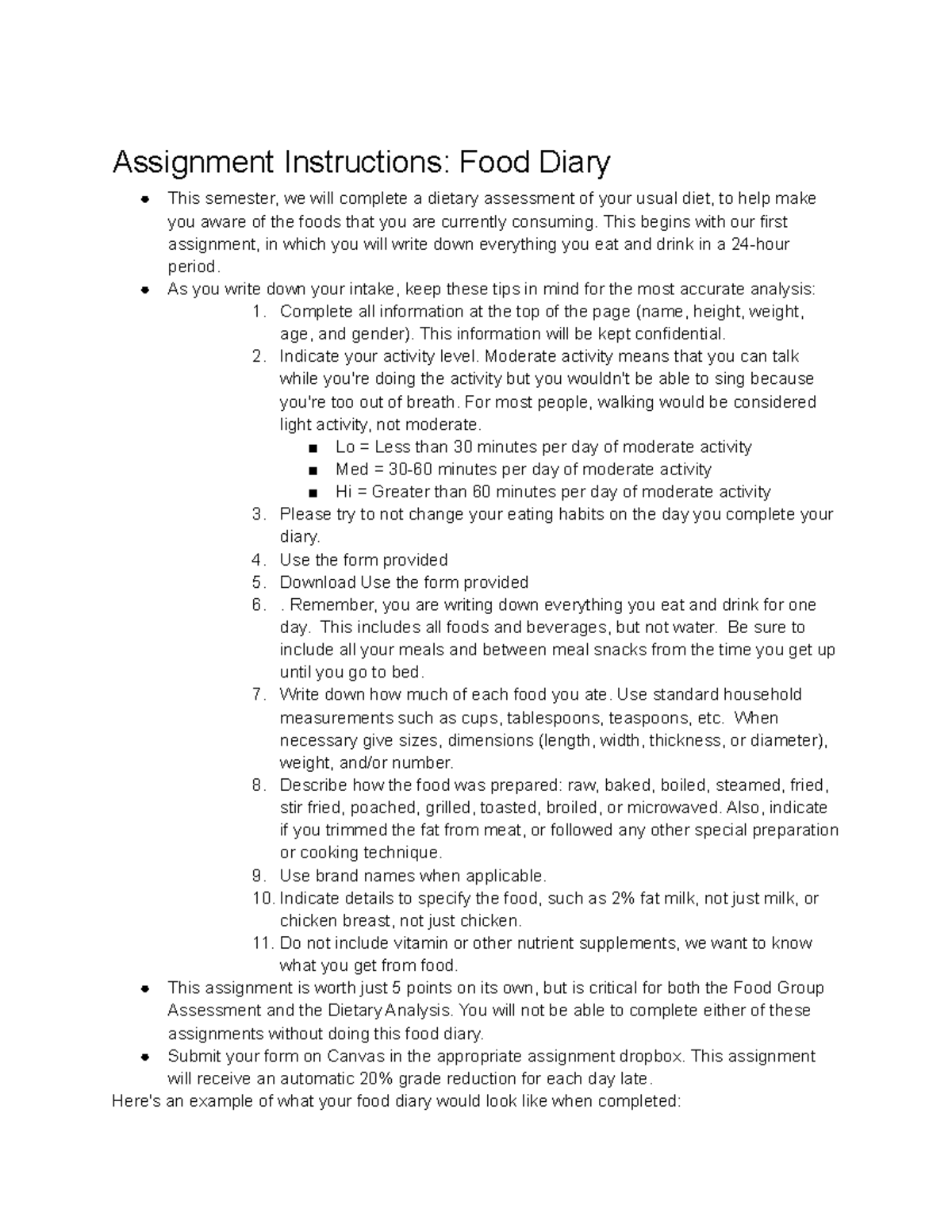 Food Diary Instructions - Assignment Instructions: Food Diary This ...