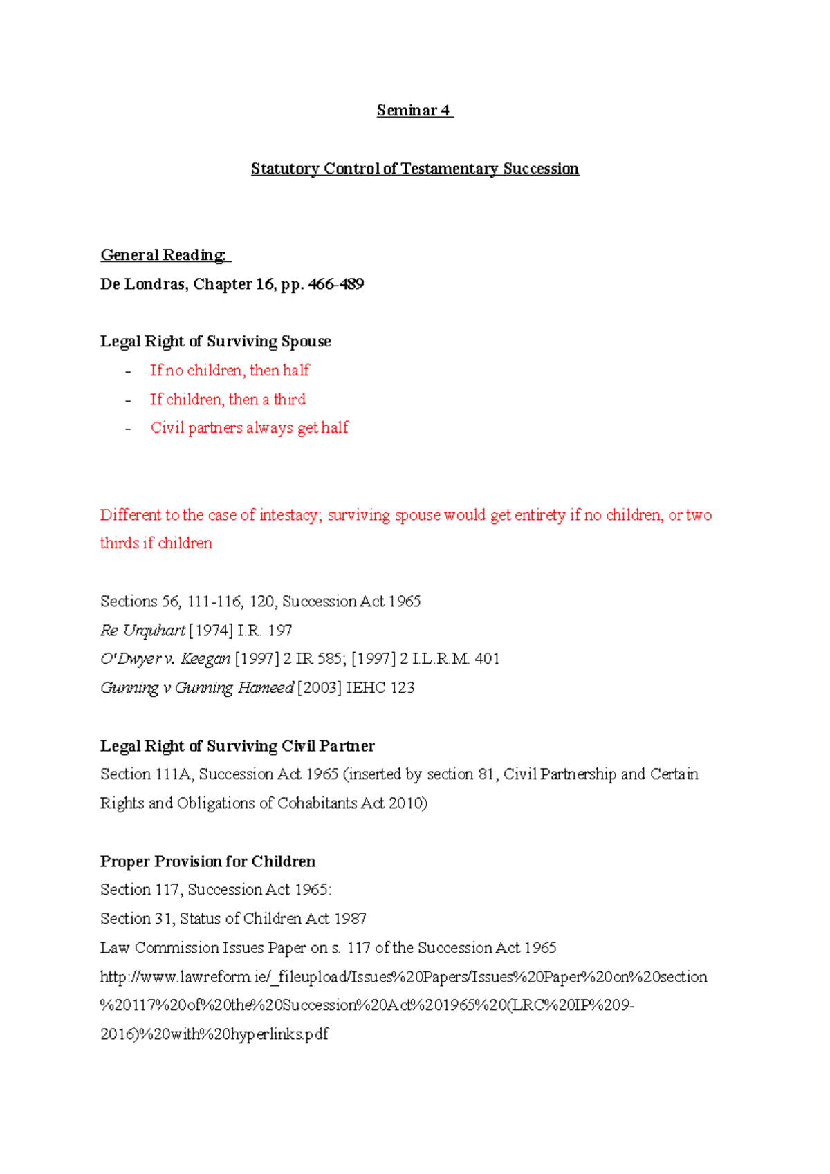 Seminar 4 - Seminar 4 Statutory Control of Testamentary Succession ...