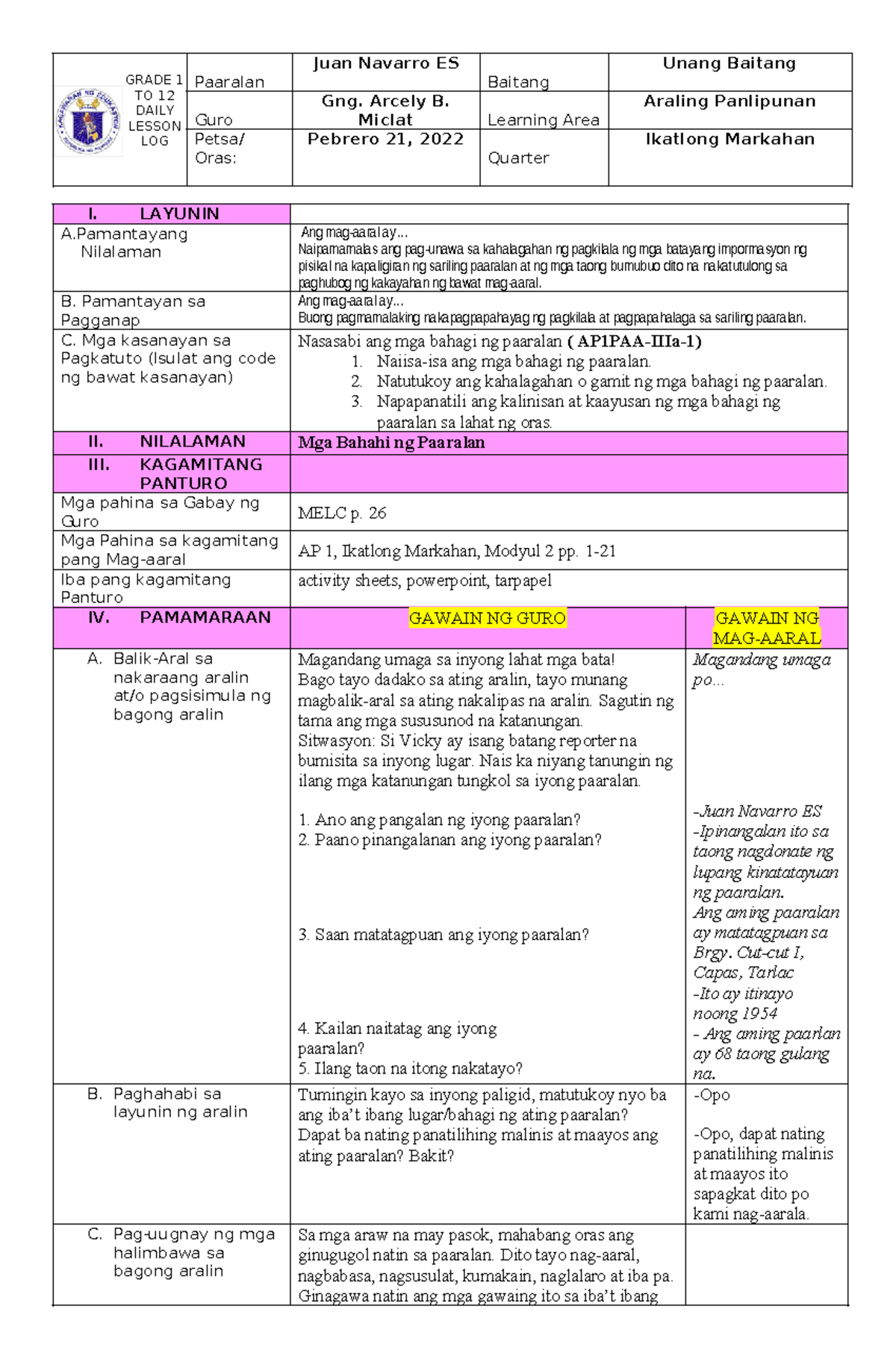 2022-2023-Q1 COT-M - Lesson plan - GRADE 1 TO 12 DAILY LESSON LOG Paaralan Juan Navarro ES ...