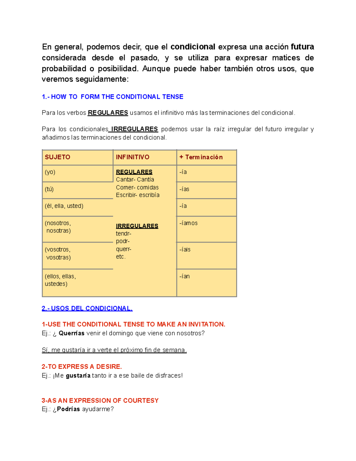 practice on El condicional - En general, podemos decir, que el ...