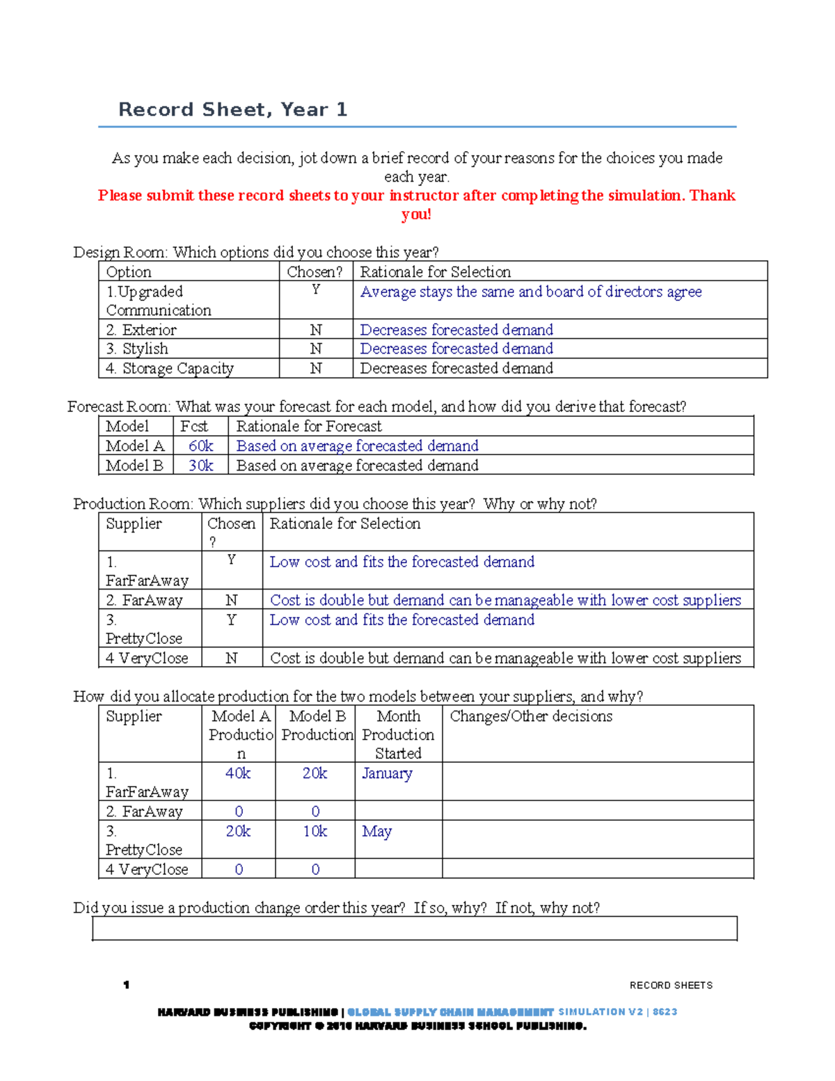 Record sheet sample - Record Sheet, Year 1 As you make each decision ...