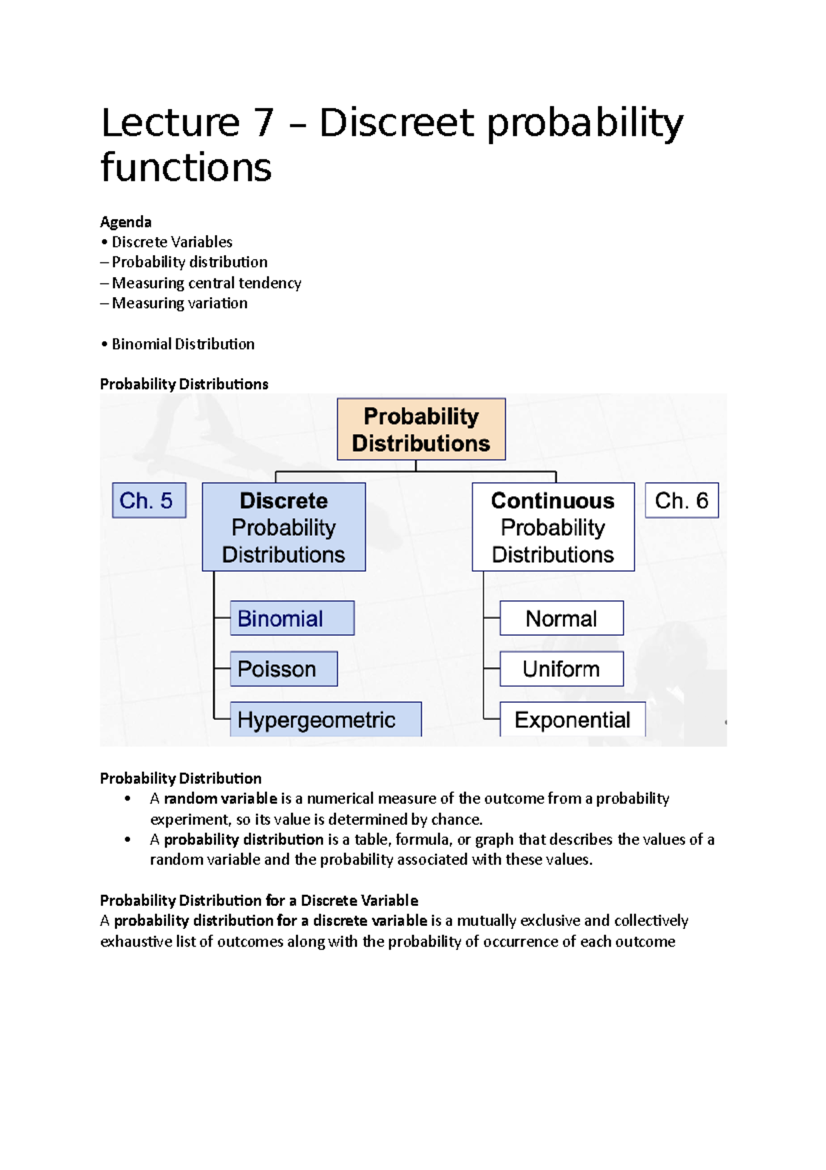 7 - Discrete probability Distributions - Lecture 7 – Discreet ...