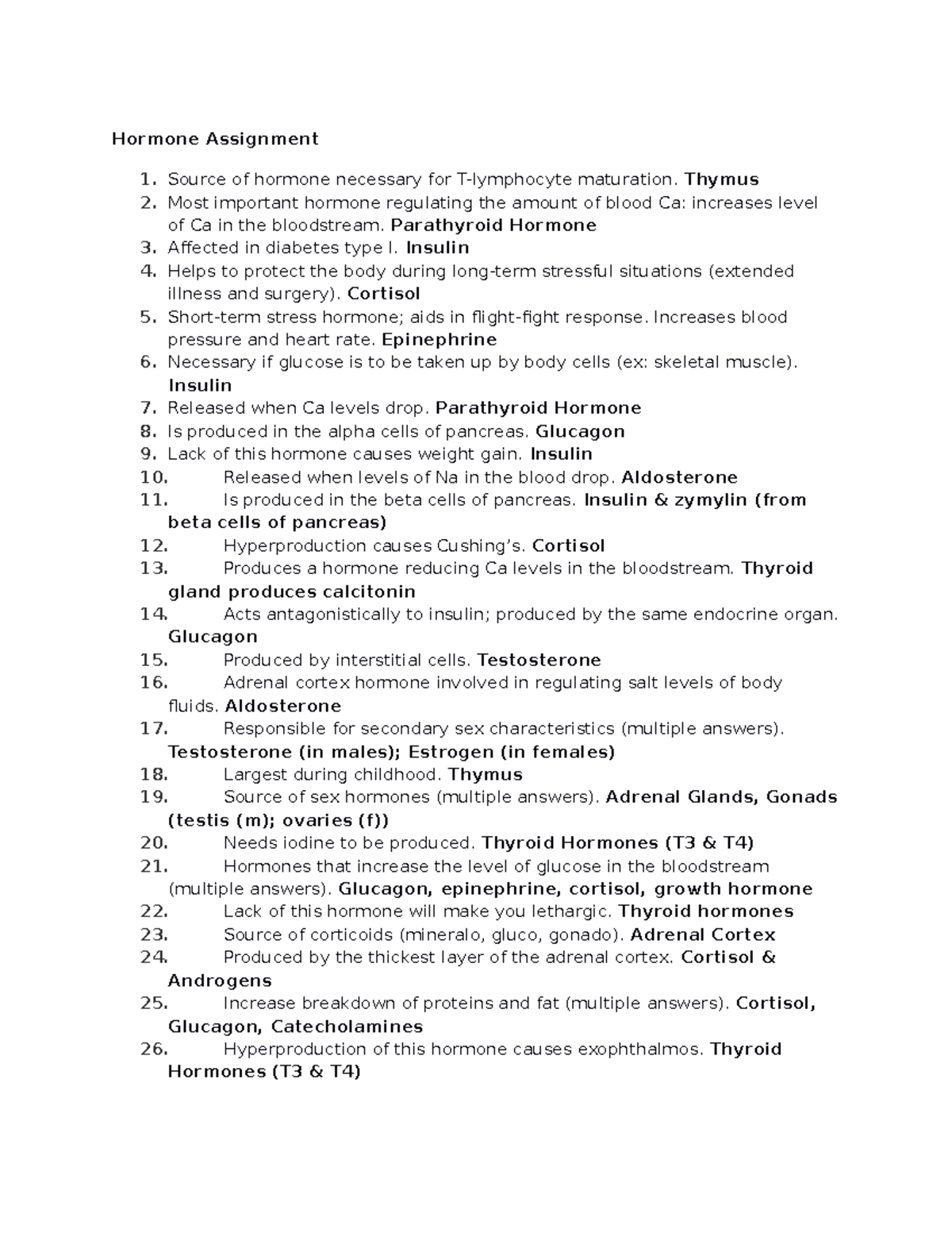 Hormone Assignment AP2 - Hormone Assignment Source of hormone necessary ...