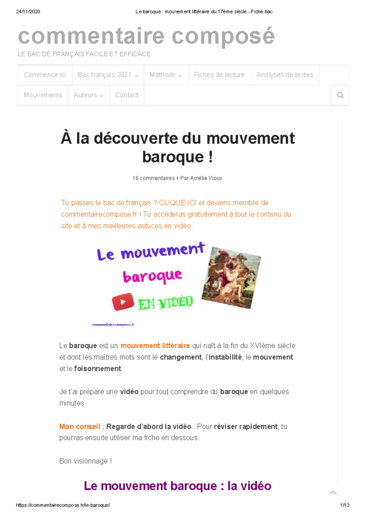 Le baroque mouvement littéraire du 17ème siècle - Fiche bac - À la ...