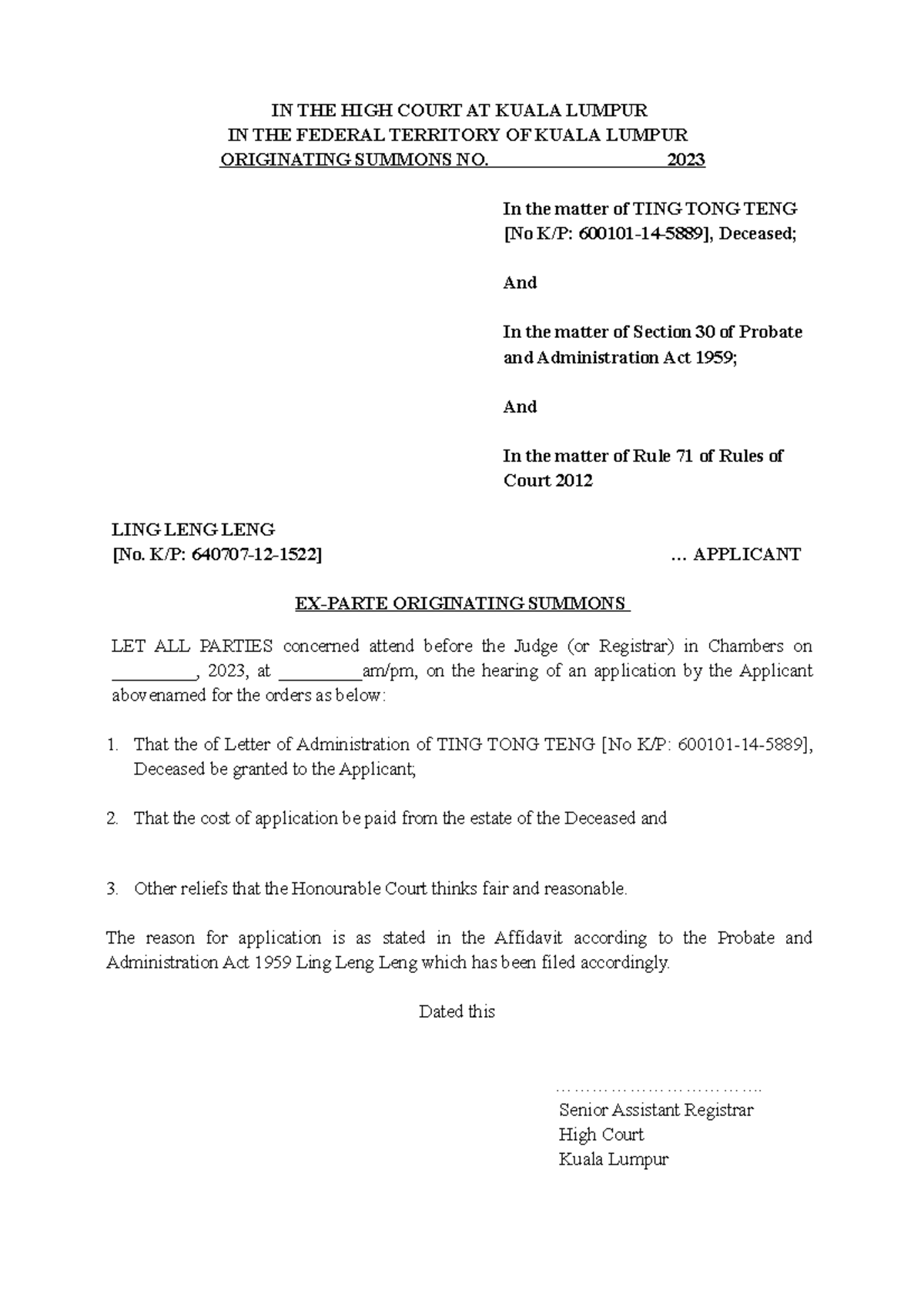 2. Ex parte OS - 12345enwdjjkf - IN THE HIGH COURT AT KUALA LUMPUR IN ...