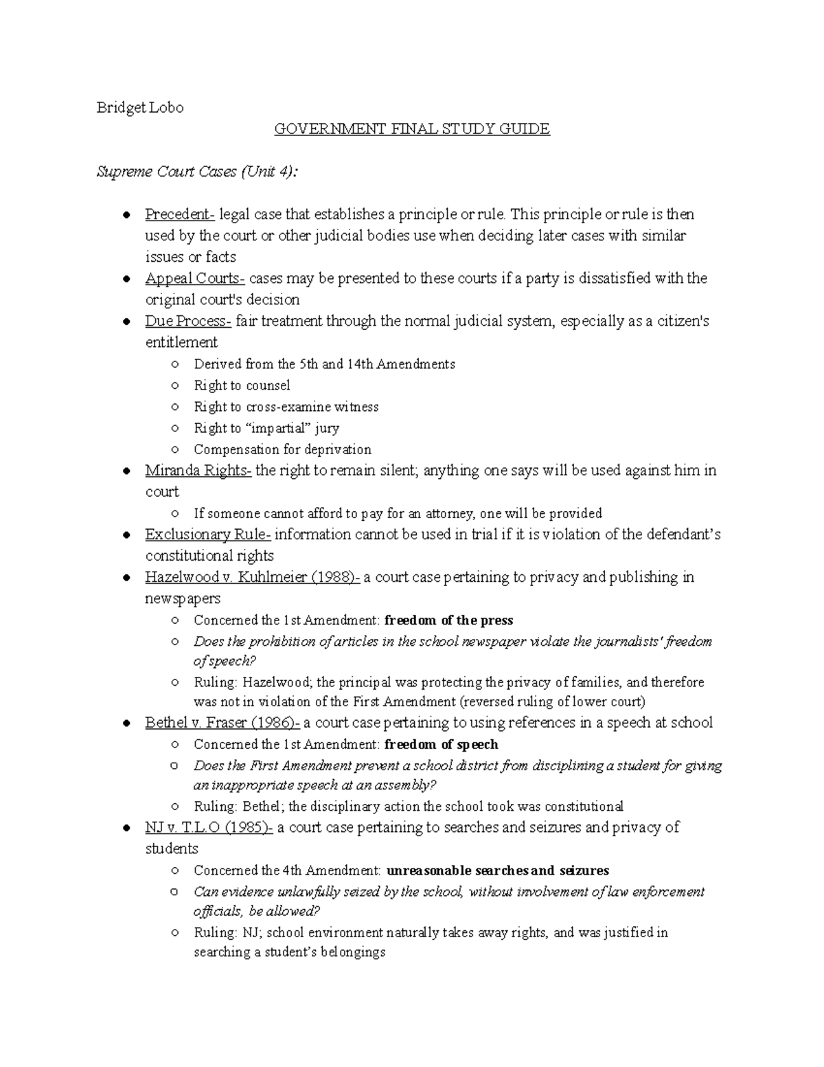 Gov final - gov - Bridget Lobo GOVERNMENT FINAL STUDY GUIDE Supreme ...
