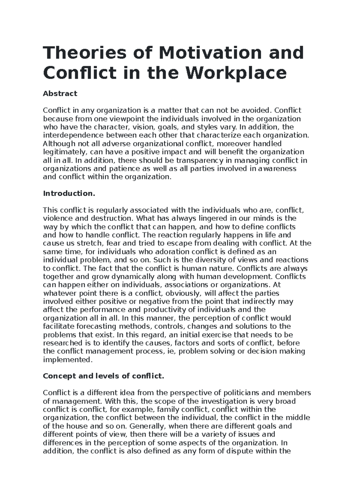 Theories of Motivation and Conflict in the Workplace - Theories of ...