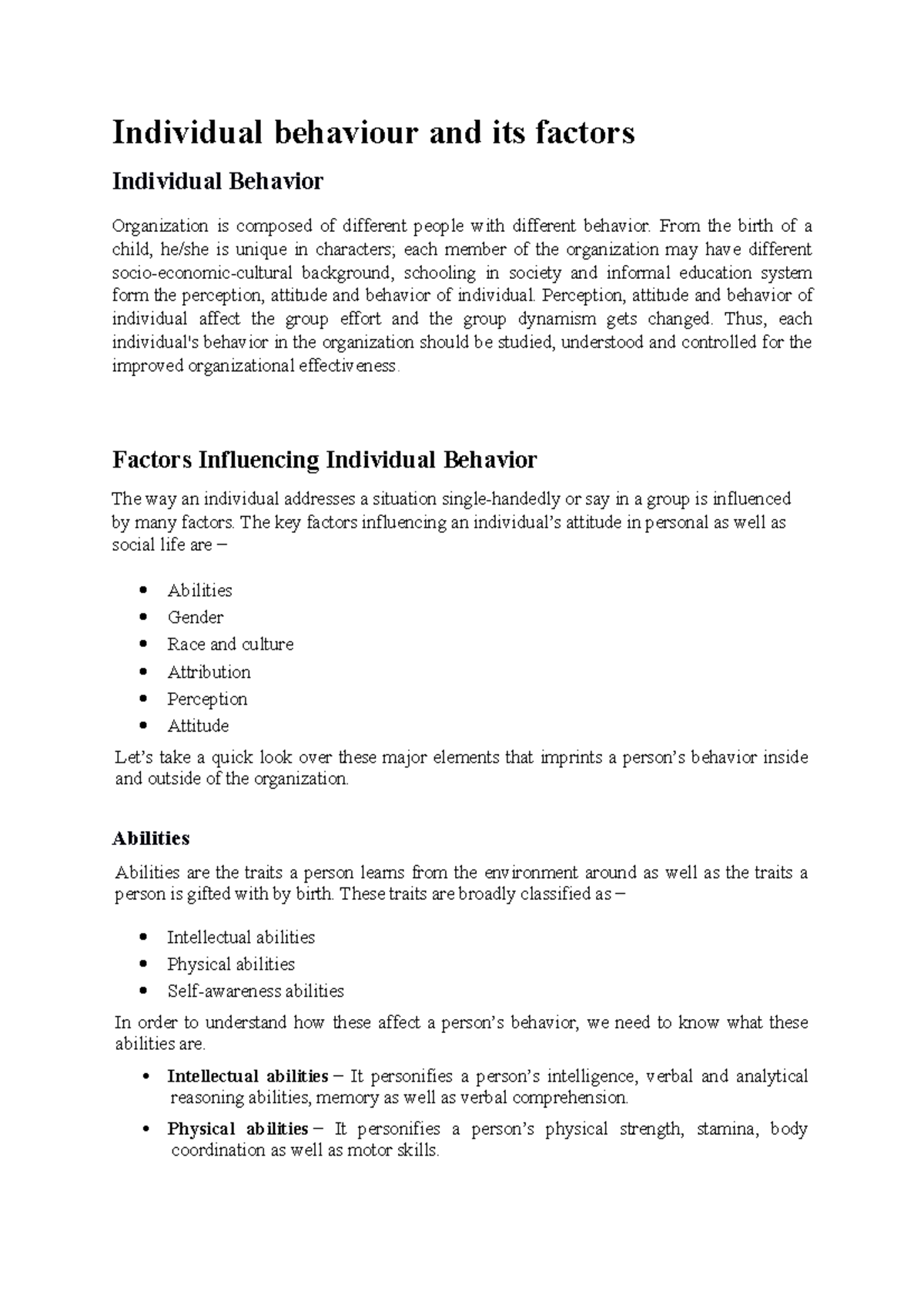 Indi - Lecture notes 1 - Individual behaviour and its factors ...