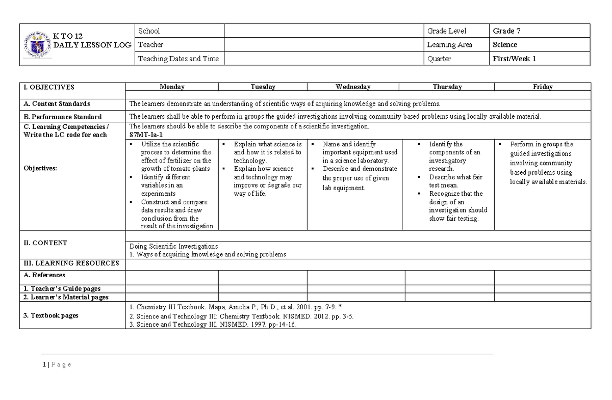 Dll science 7 q1 week 1docx - 1 | P a g e K TO 12 DAILY LESSON LOG ...