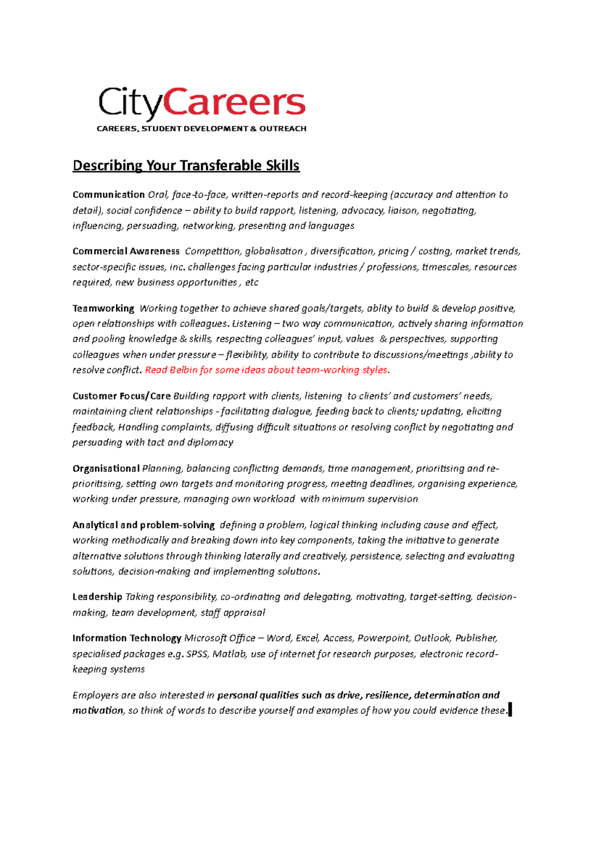 Describing Your Transferable Skills - Describing Your Transferable ...