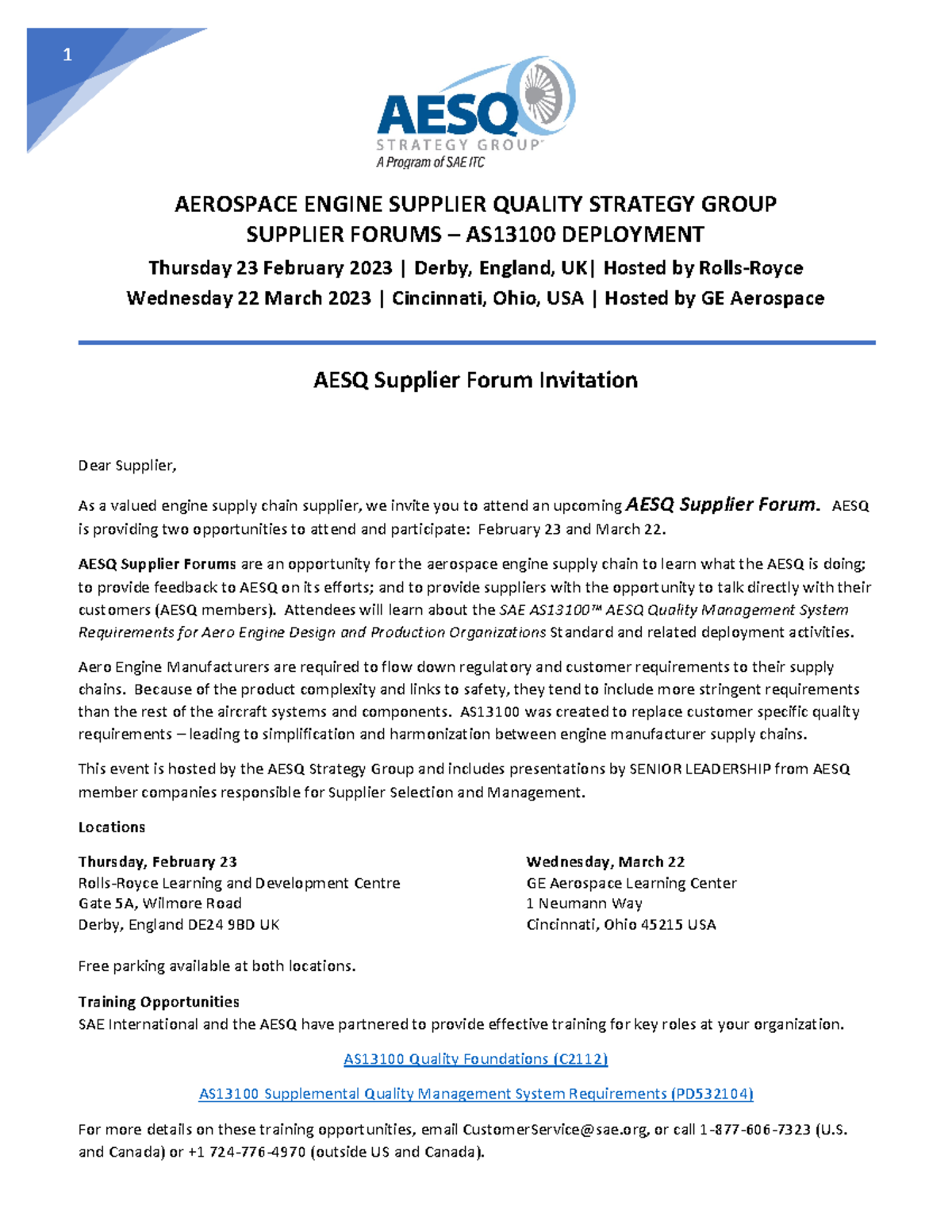 Aerospace Engine Supplier Quality Strategy Group - AEROSPACE ENGINE ...