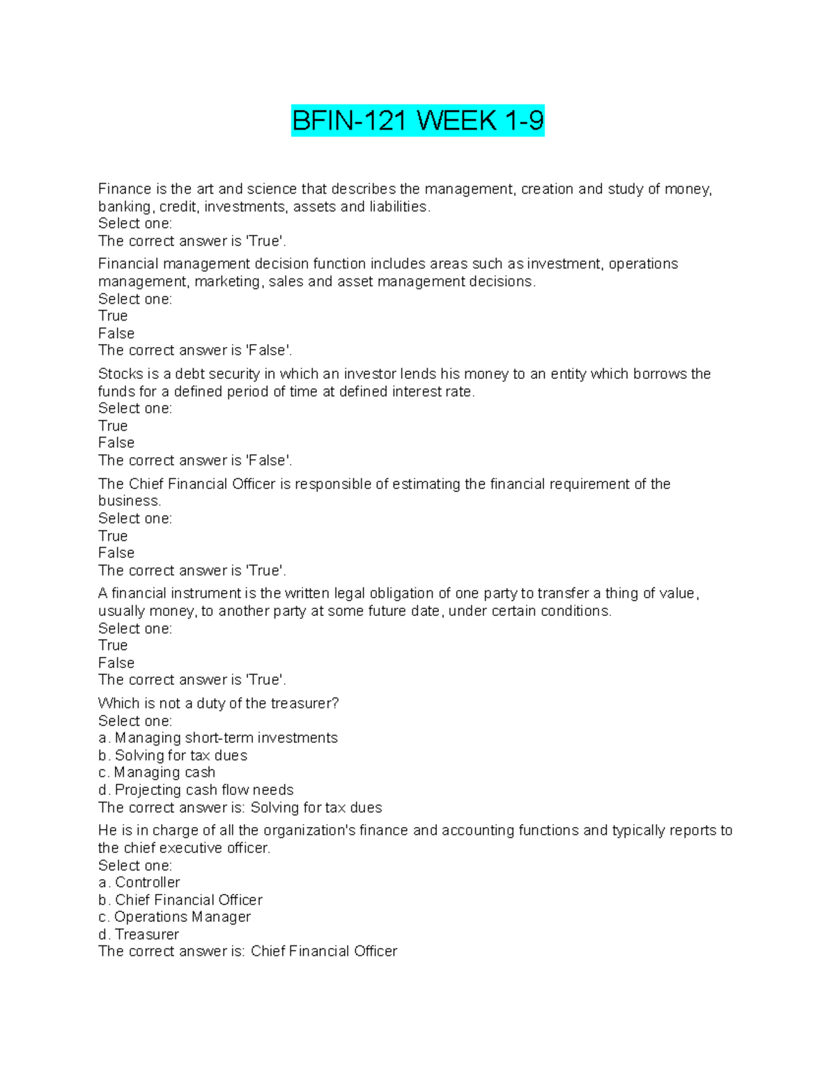 BFIN 121 Week 1 9 - AMA - BFIN-121 WEEK 1- Finance is the art and ...