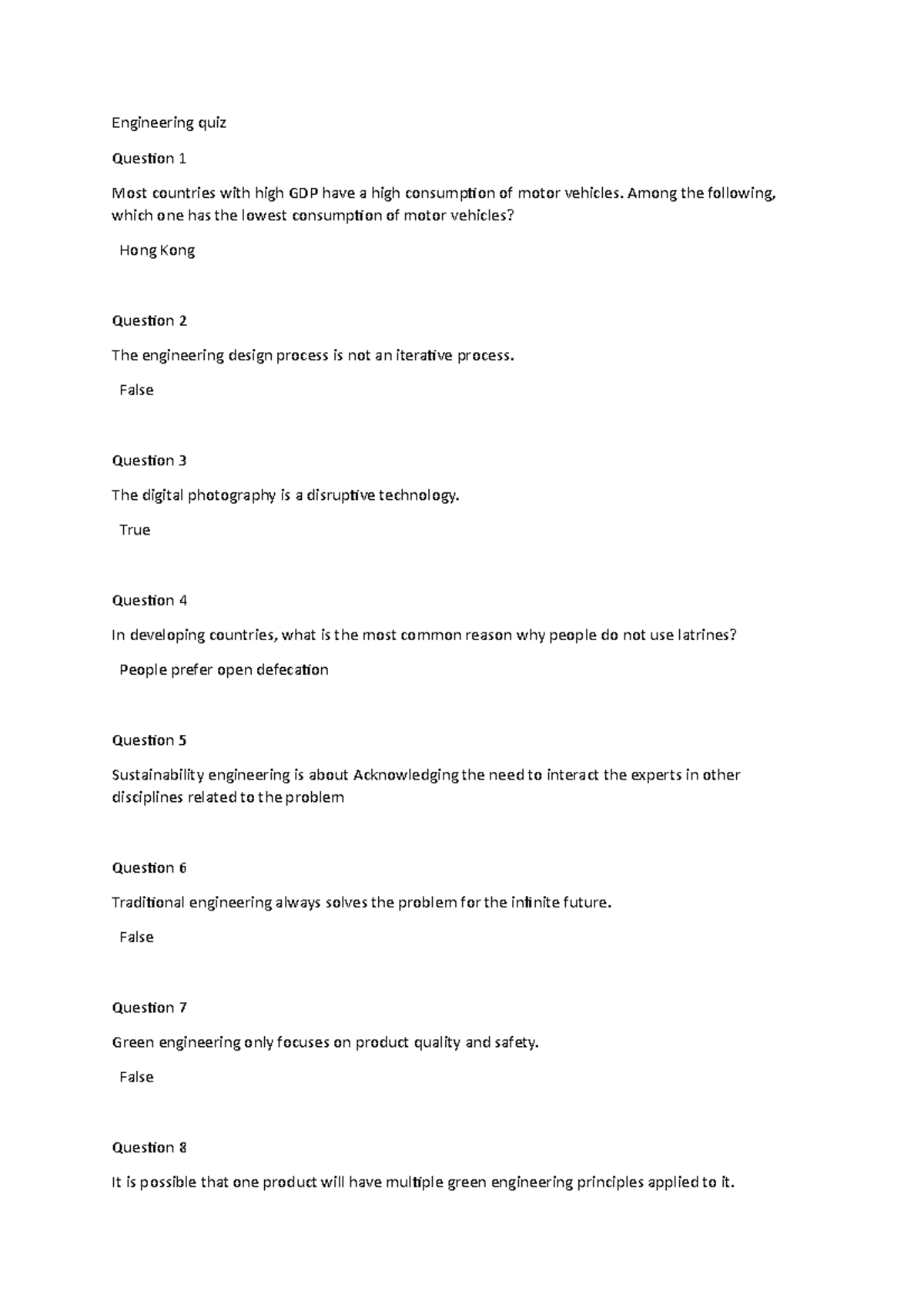 Engineering quiz global 101 - Engineering quiz Question 1 Most ...