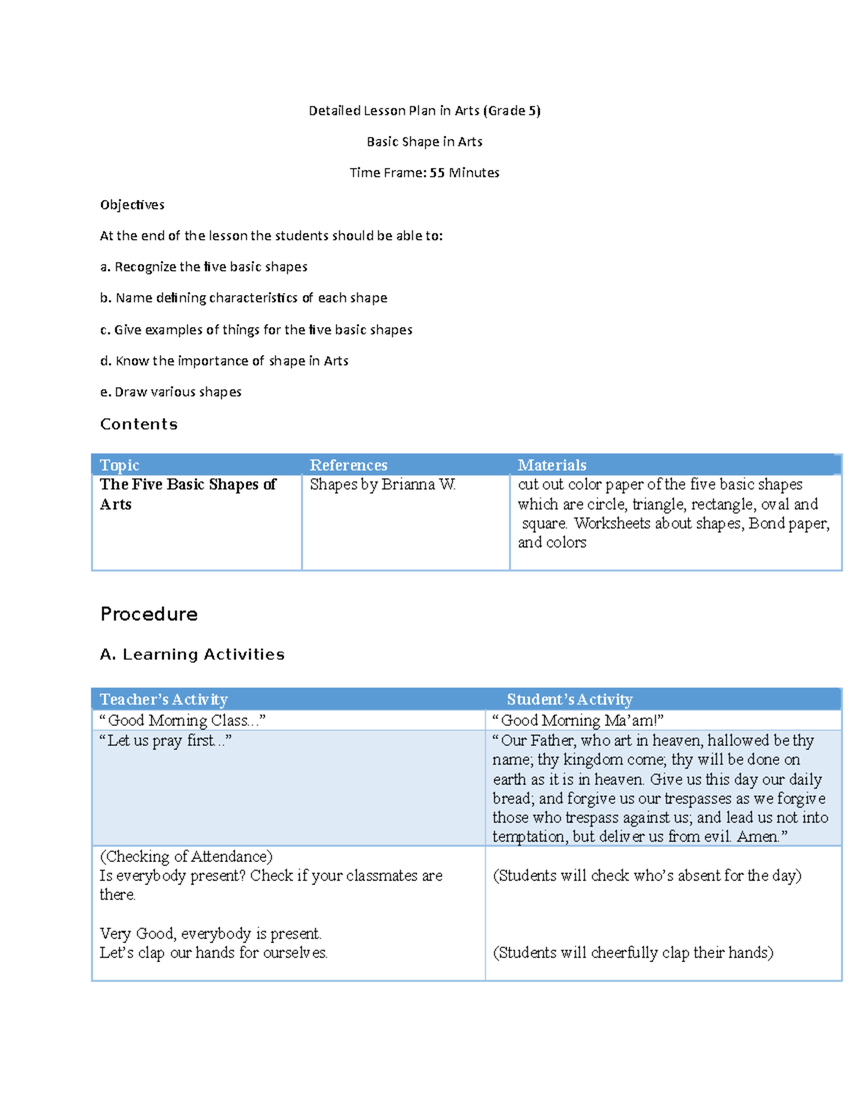Detailed Lesson Plan In Arts Grade 5 Recognize The Five Basic Shapes
