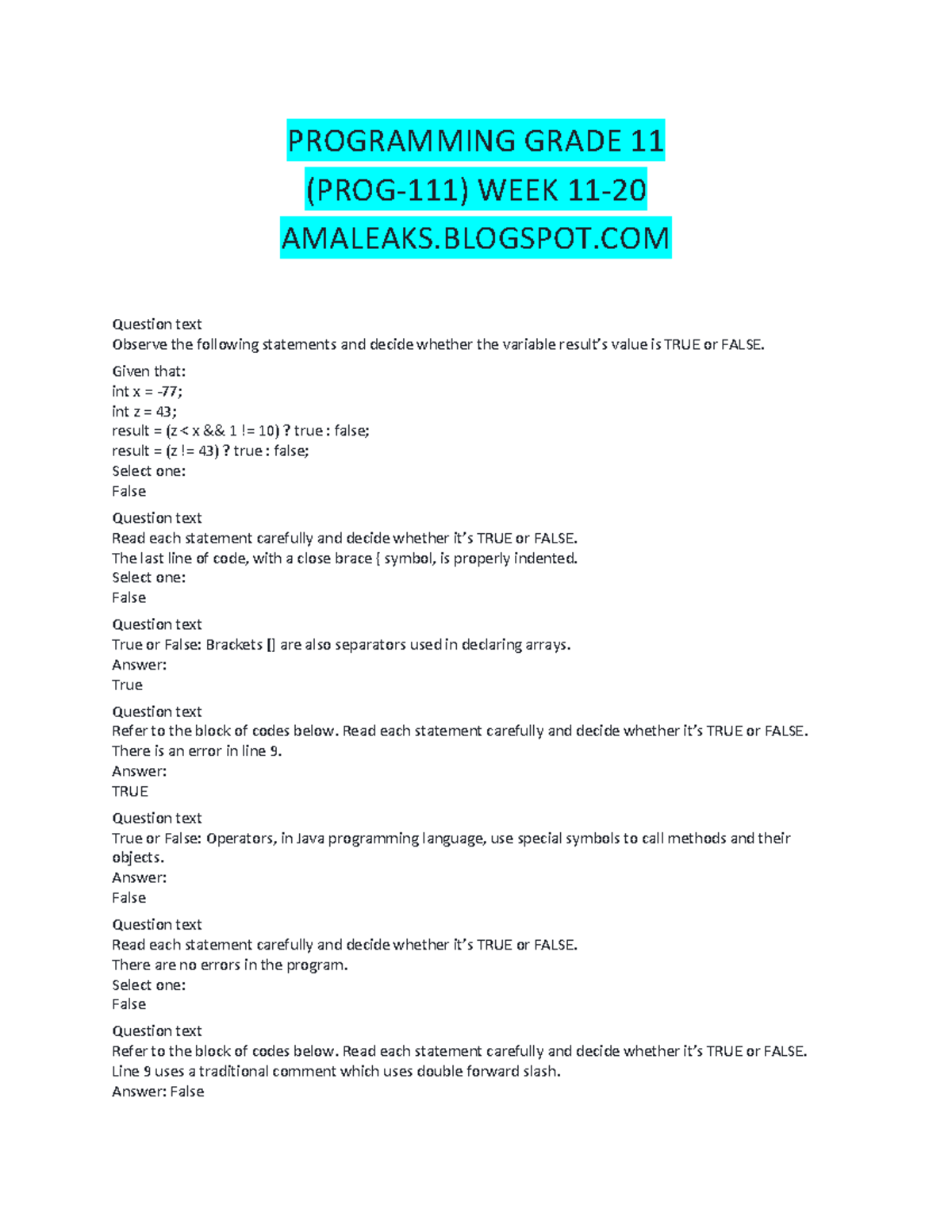 Toaz - PROGRAMMING GRADE 11 (PROG-111) WEEK 11- AMALEAKS.BLOGSPOT ...