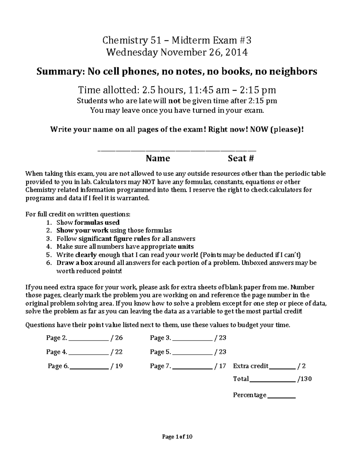 Chem 51 Midterm exam 3 Ch 17 18 - Chemistry 51 – Midterm Exam Wednesday ...