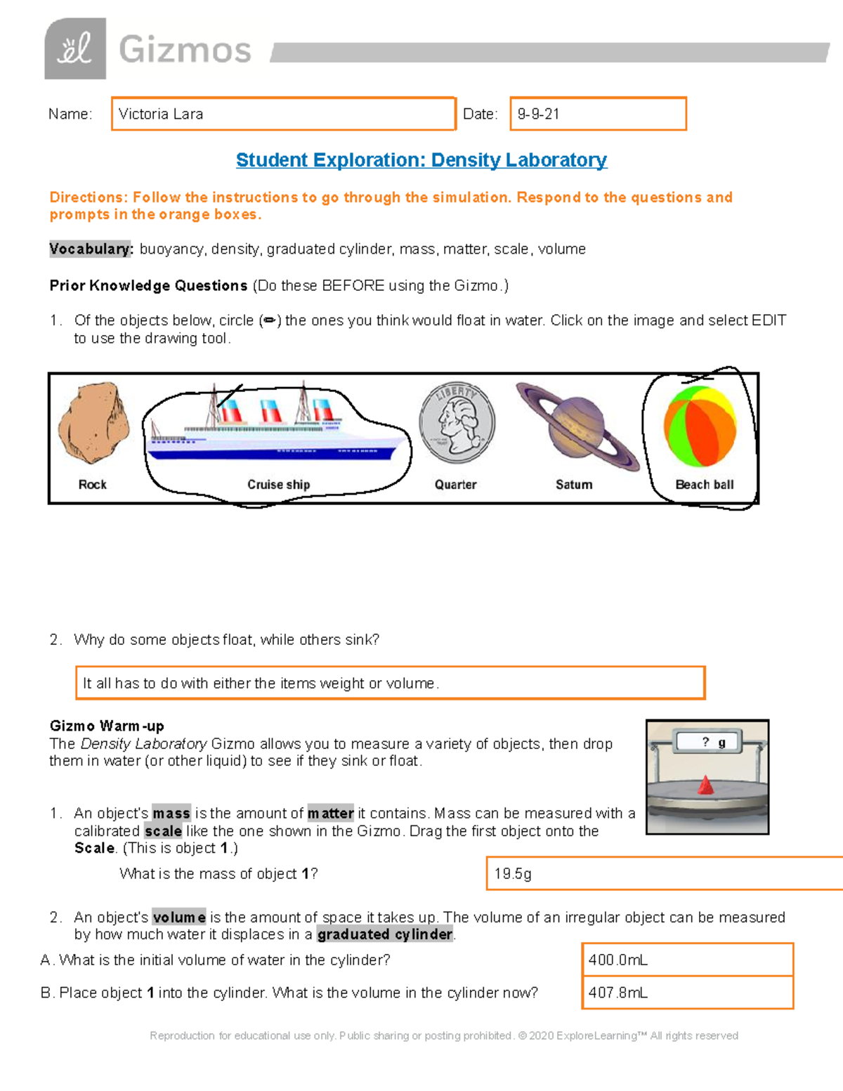 Victoria Lara- Density Lab WS - Name: Victoria Lara Date: 9-9- Student ...