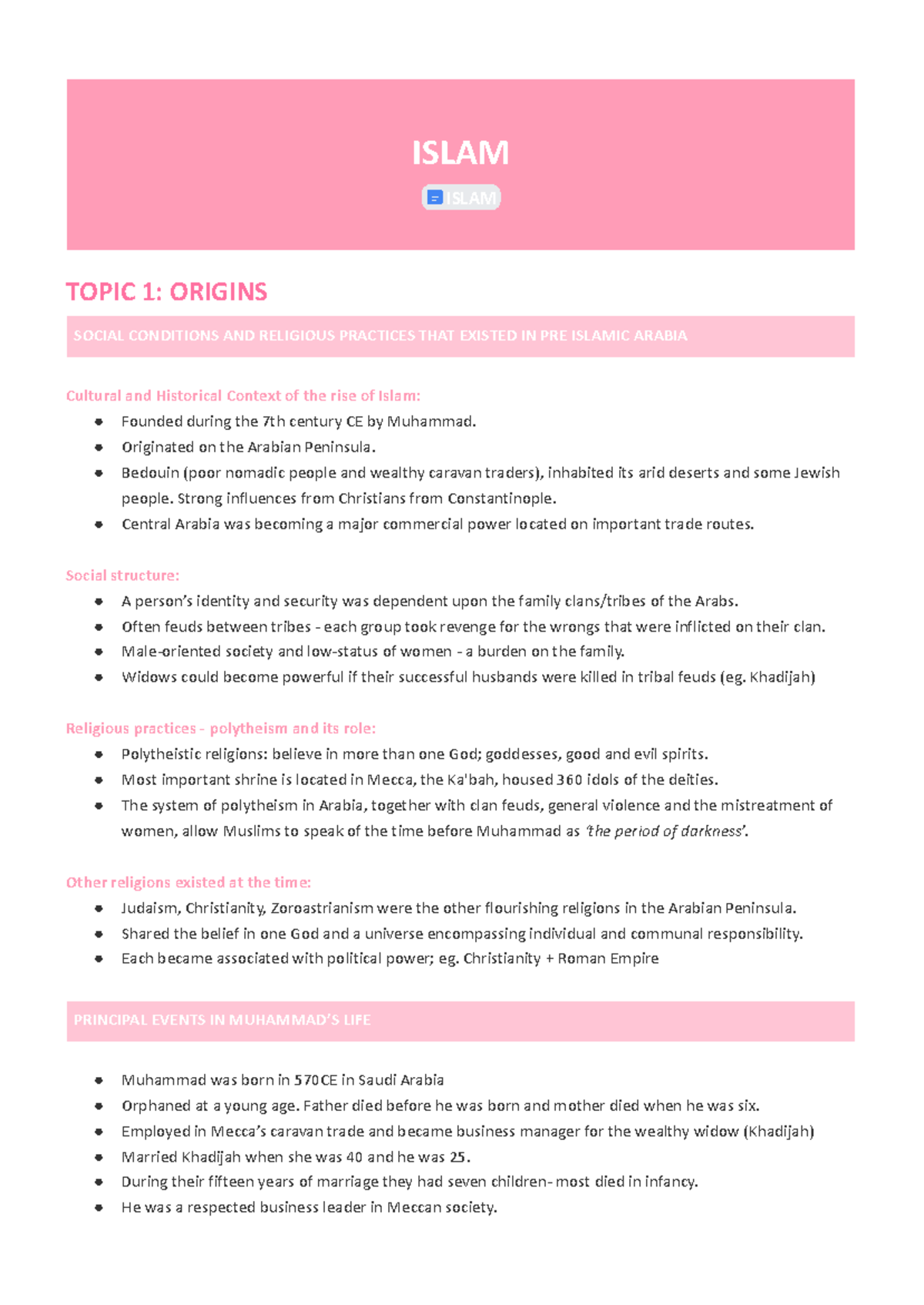 Islam - Summary Studies of Religion 1 - ISLAM ISLAM TOPIC 1: ORIGINS ...
