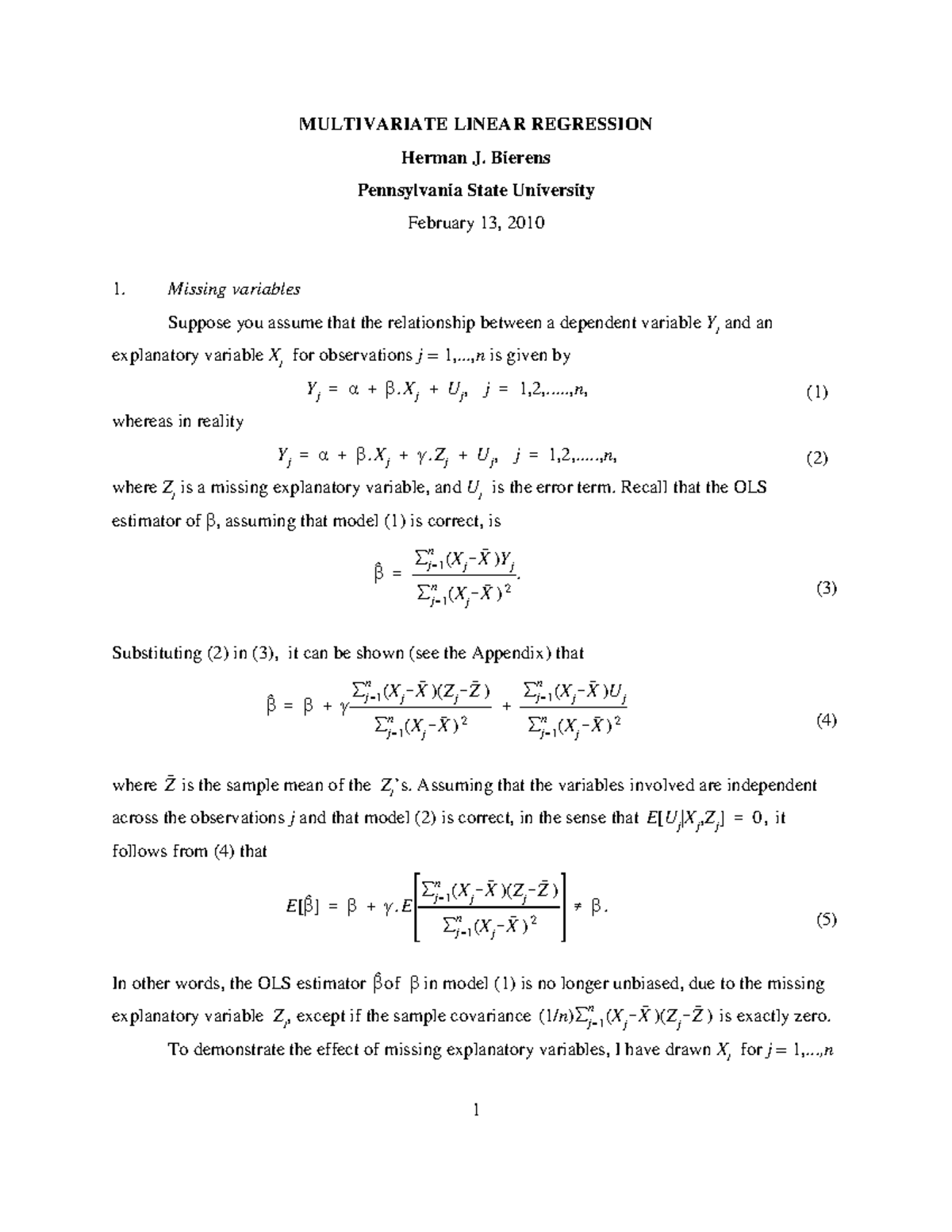 Lecture Notes Course Multivariate Linear Regression Multivariate