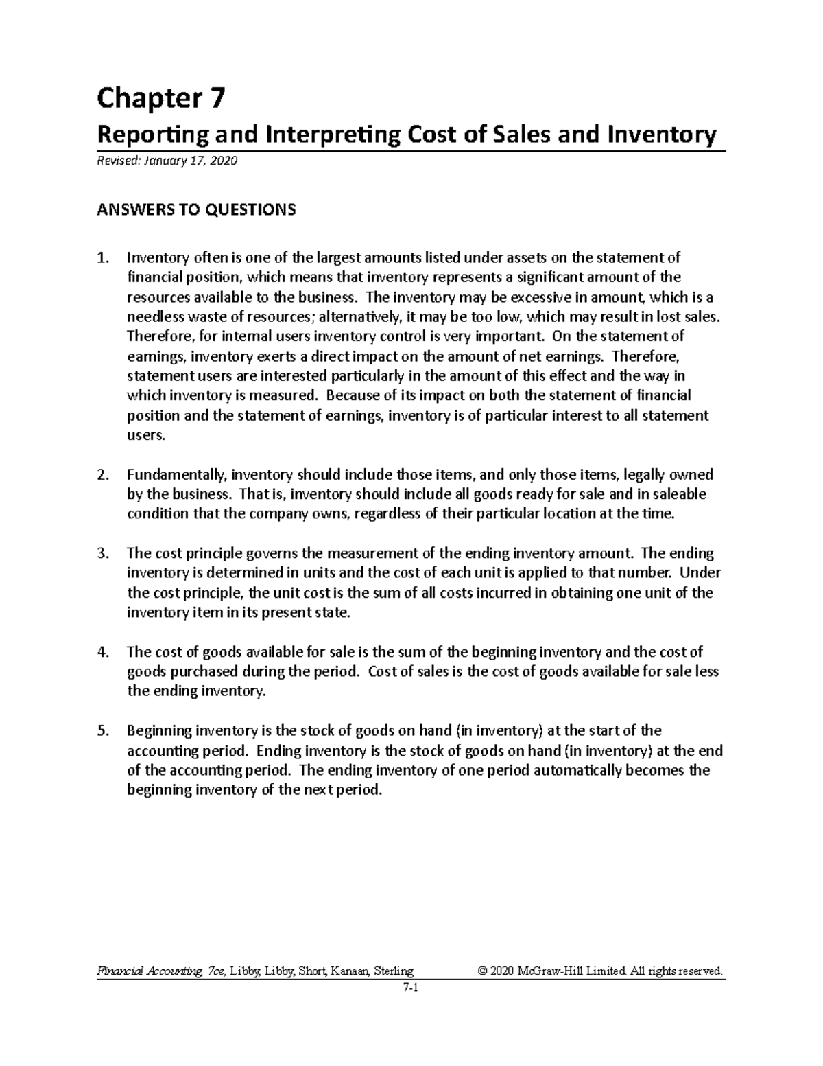 Answers 7 - Chapter 7 Reporting and Interpreting Cost of Sales and ...