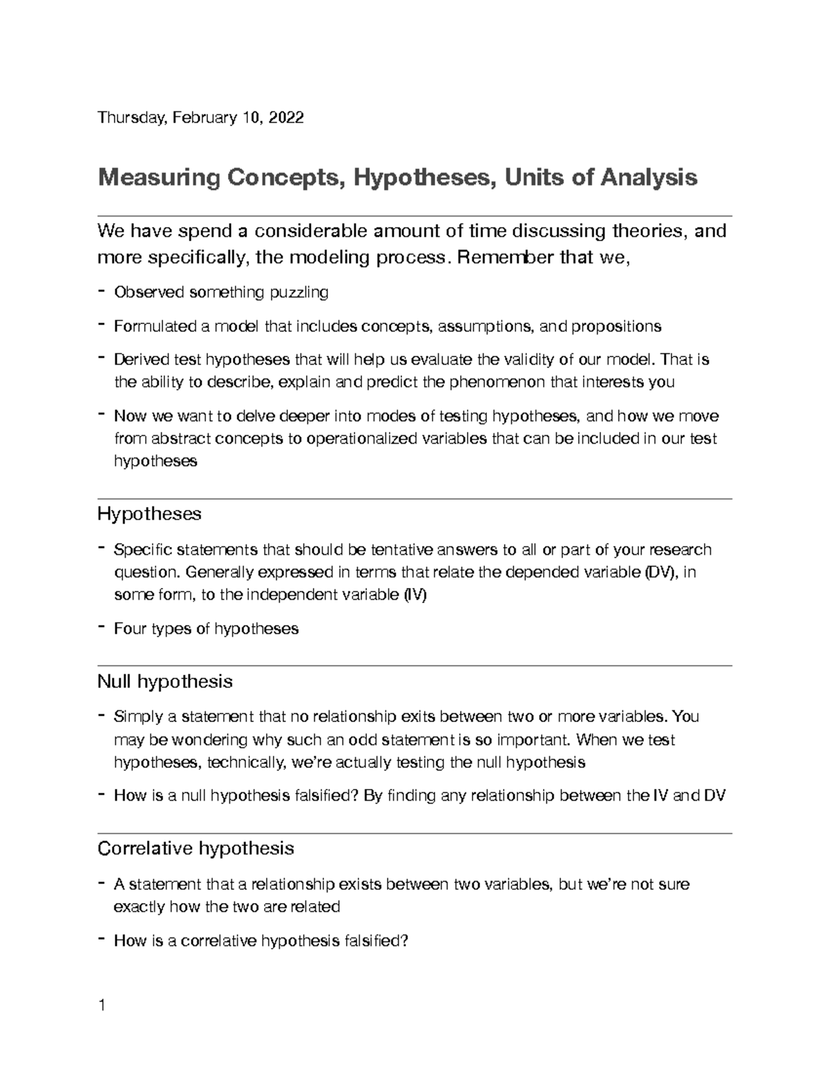 Measuring Concepts, Hypotheses, Units of Analysis - Remember that we ...