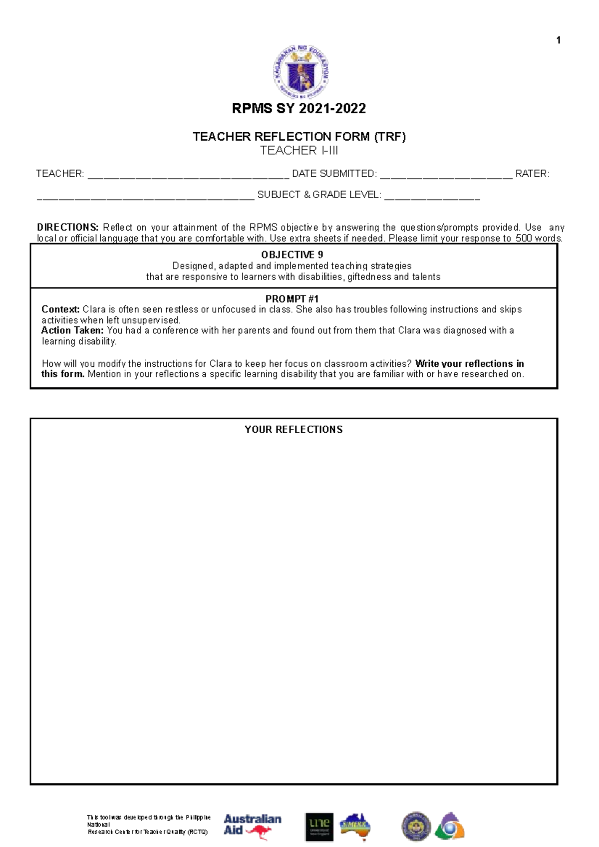 [Appendix 4A] Teacher Reflection Form for T I-III for RPMS SY 2021-2022 ...