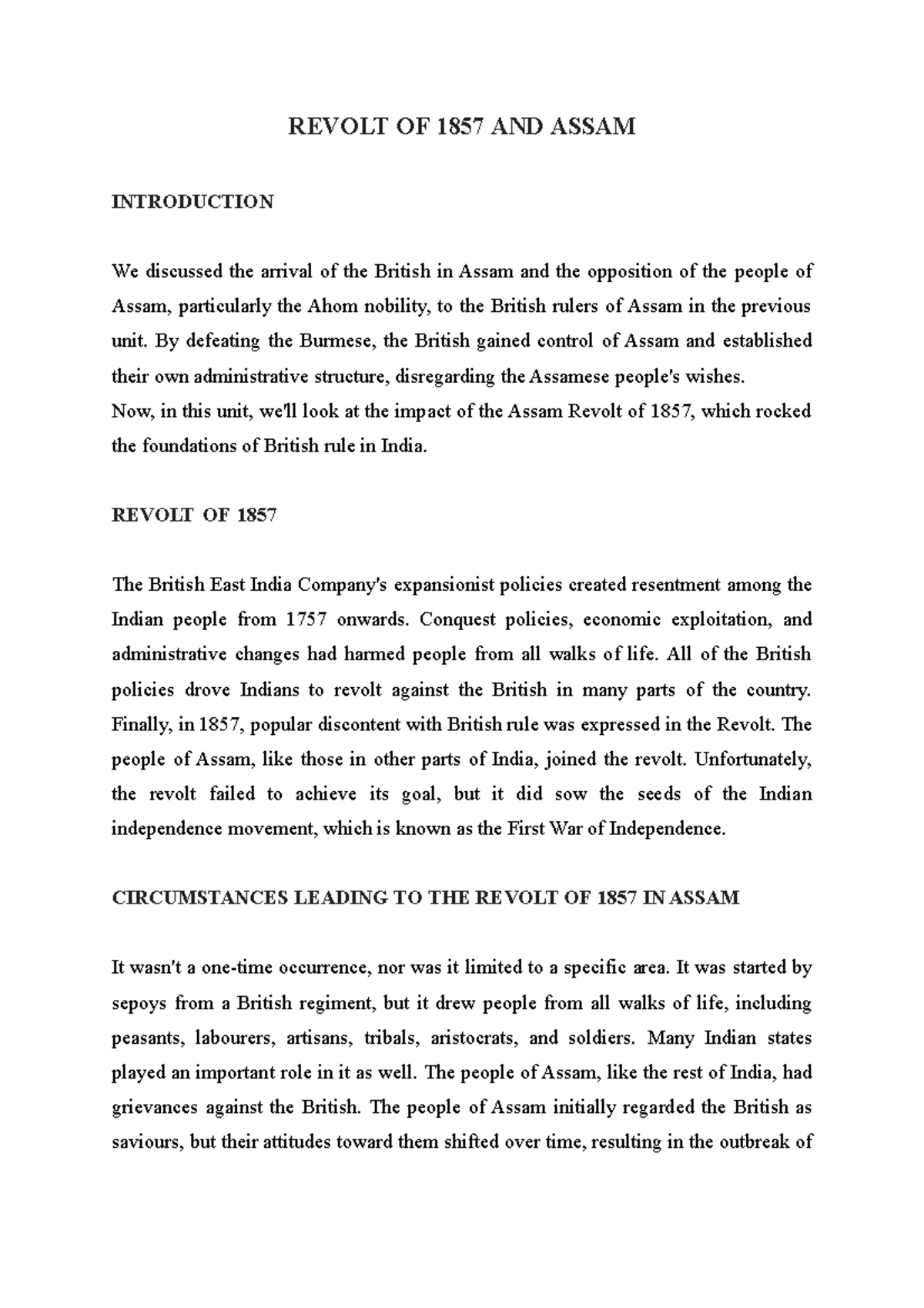 Revolt OF 1857 AND Assam - REVOLT OF 1857 AND ASSAM INTRODUCTION We ...