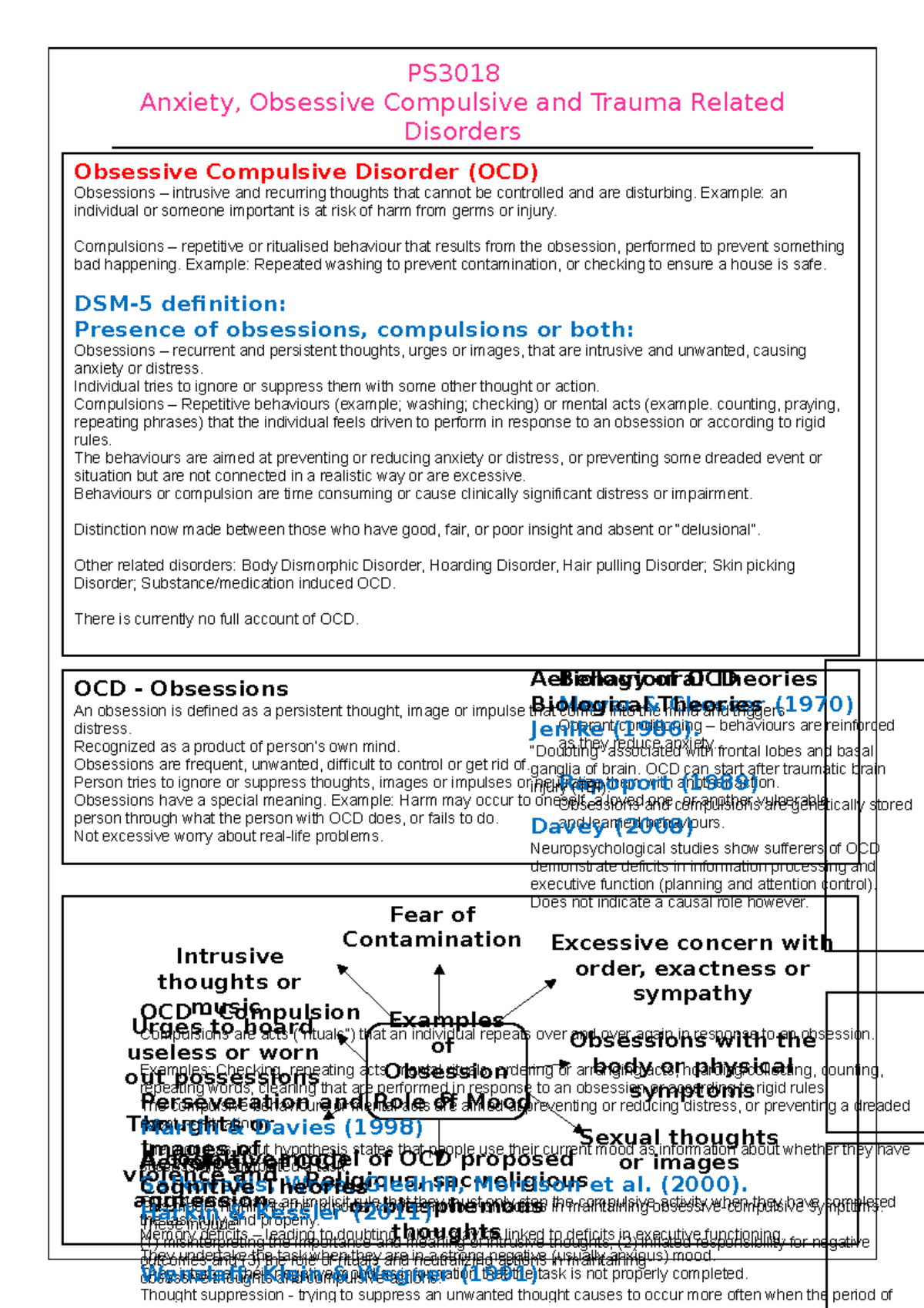 OCD - Lecture notes 2 - Obsessive Compulsive Disorder (OCD) Obsessions ...