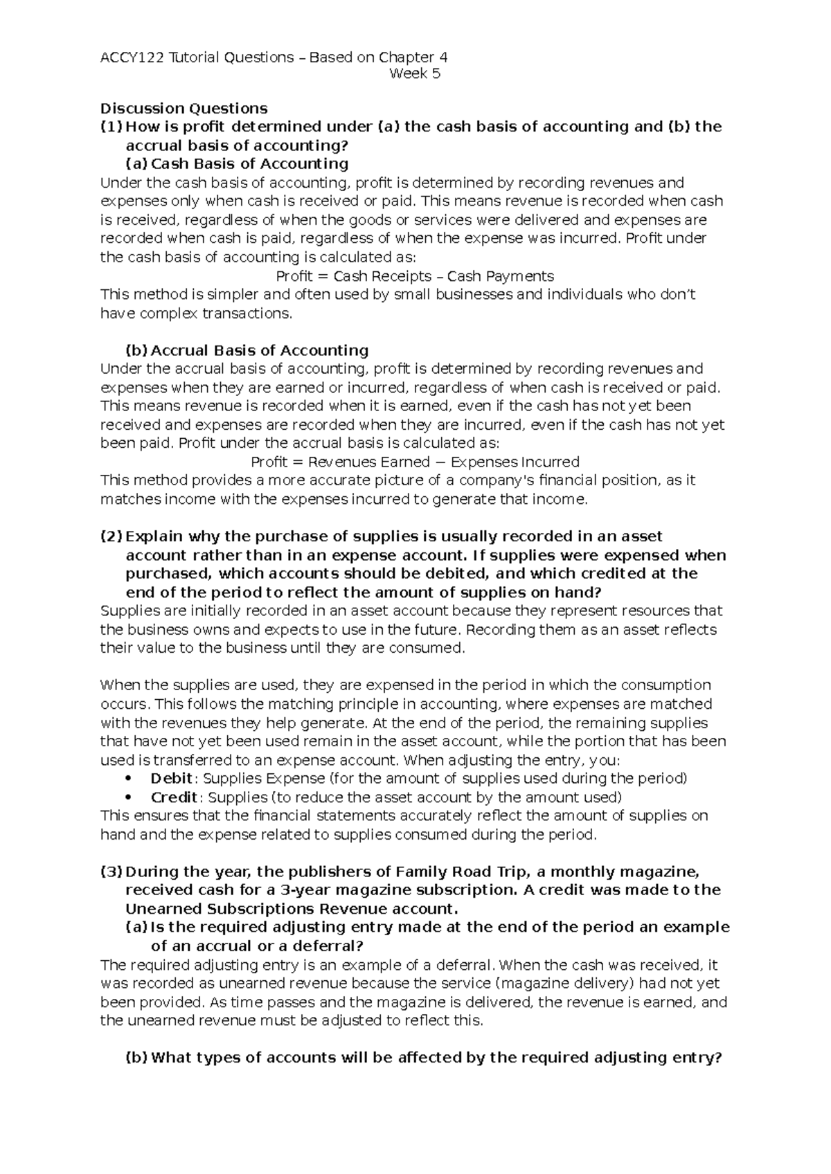 Week 5 Tutorial Questions - Based on Chapter 4 - ACCY122 Tutorial Questions – Based on Chapter 4 ...