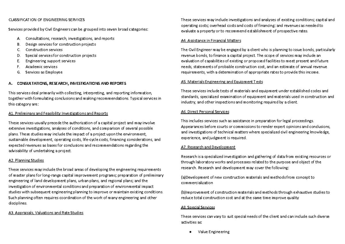 Classification OF Engineering Services - CLASSIFICATION OF ENGINEERING ...