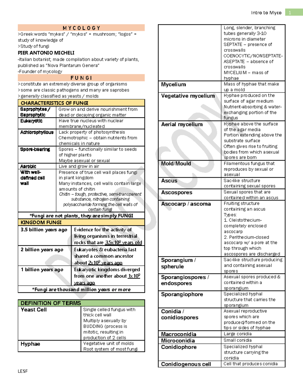 Introduction to Mycology - Lecture 1 - LESF Intro to Myco 1 M Y C O L O ...