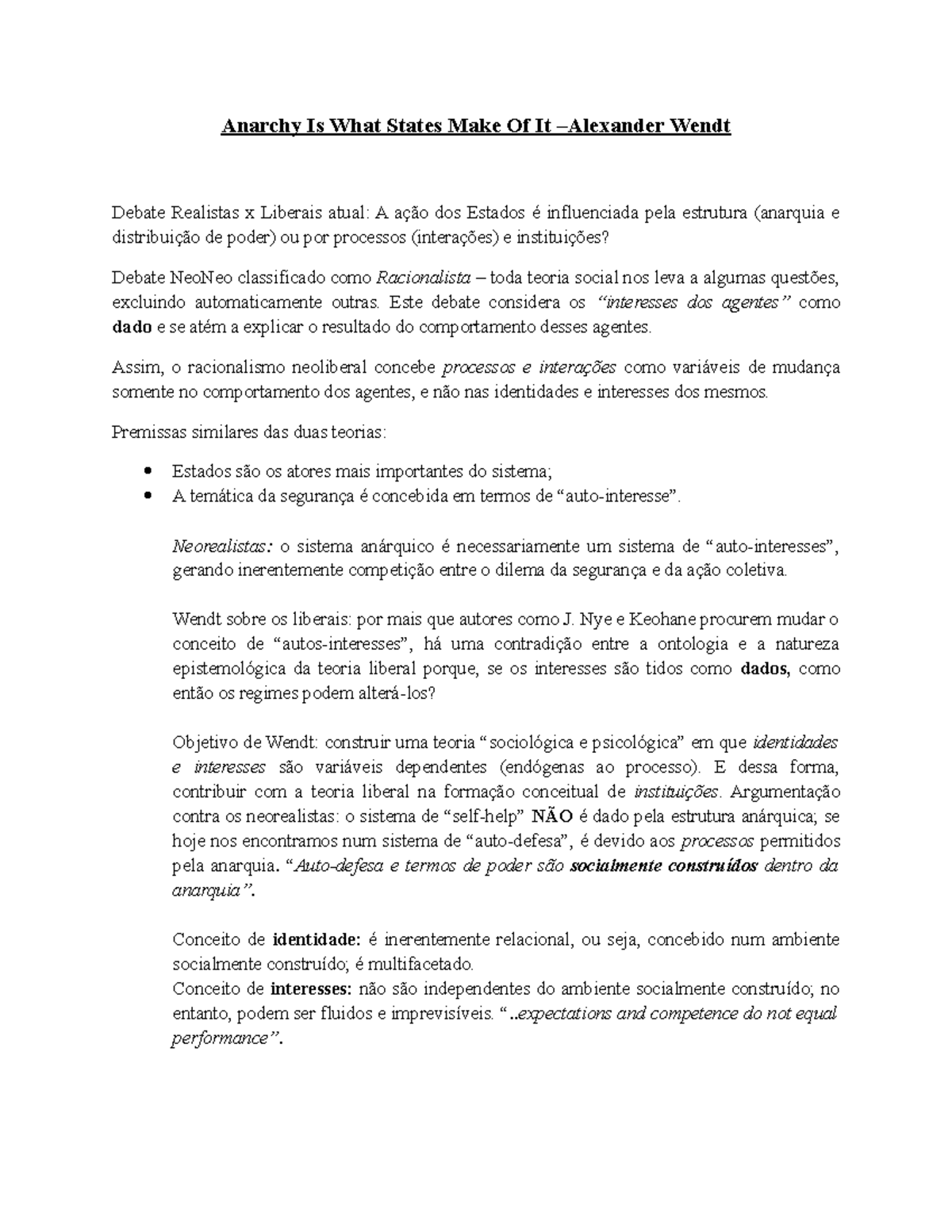 Aula 10 - Anarchy - Anarchy Is What States Make Of It –Alexander Wendt ...