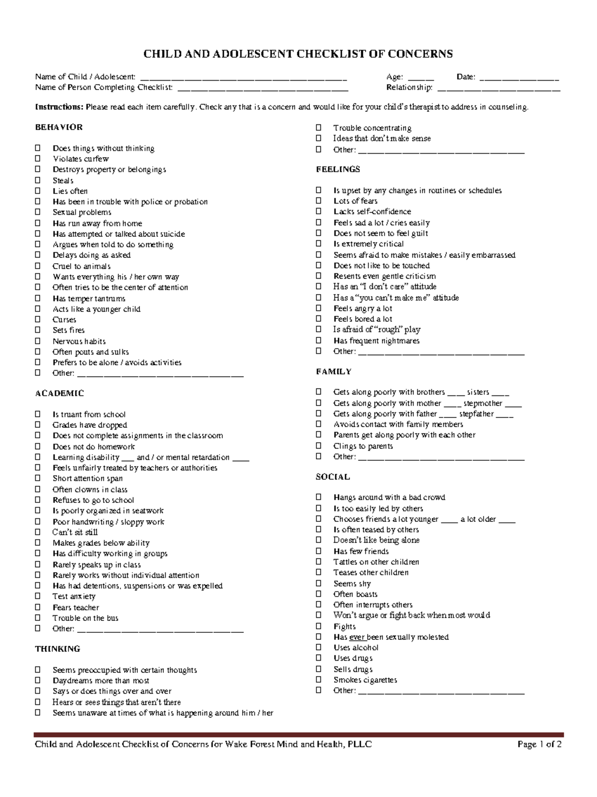 Child and Adolescent Checklist of Concerns - Check any that is a ...
