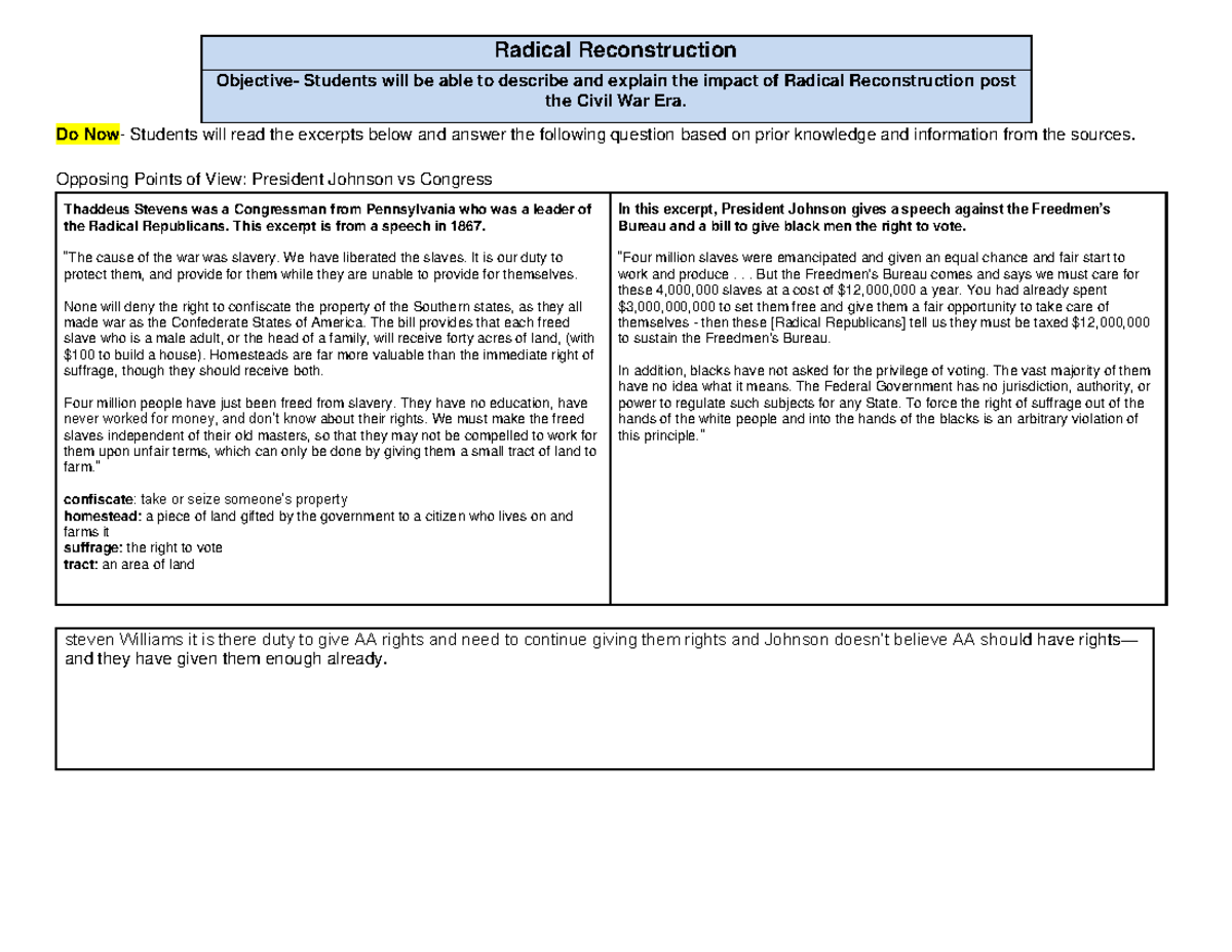 Congressional Reconstruction Handout updated - Do Now- Students will ...