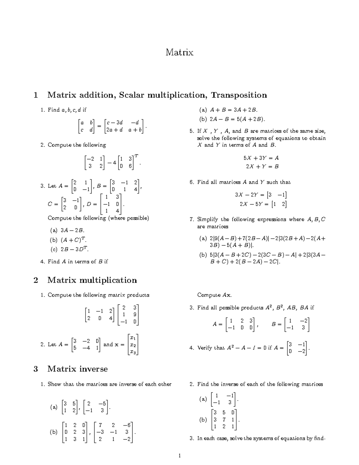 2. Matrix - Matrix 1 Matrix addition, Scalar multiplication ...