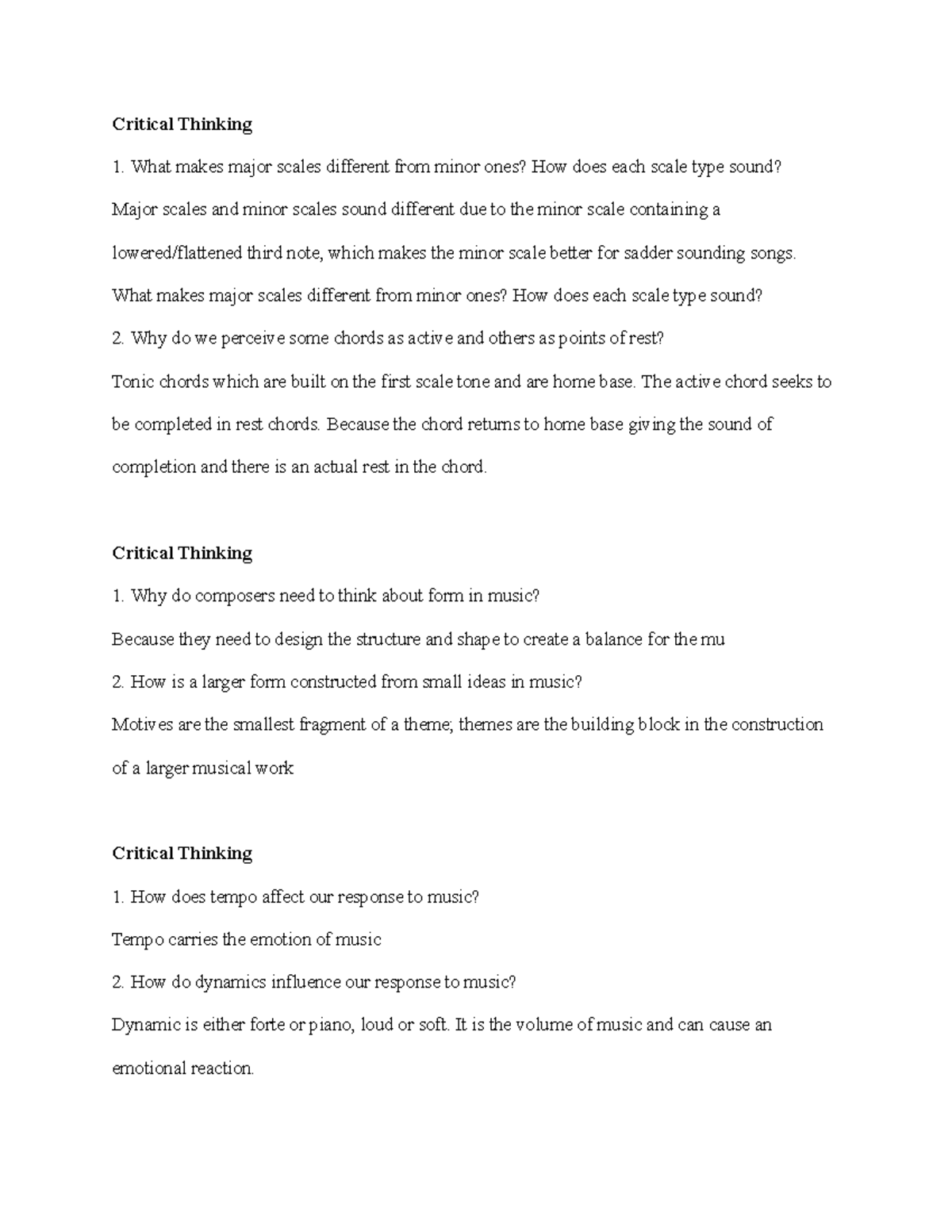 Questions Set 2 Answers - Critical Thinking What makes major scales ...