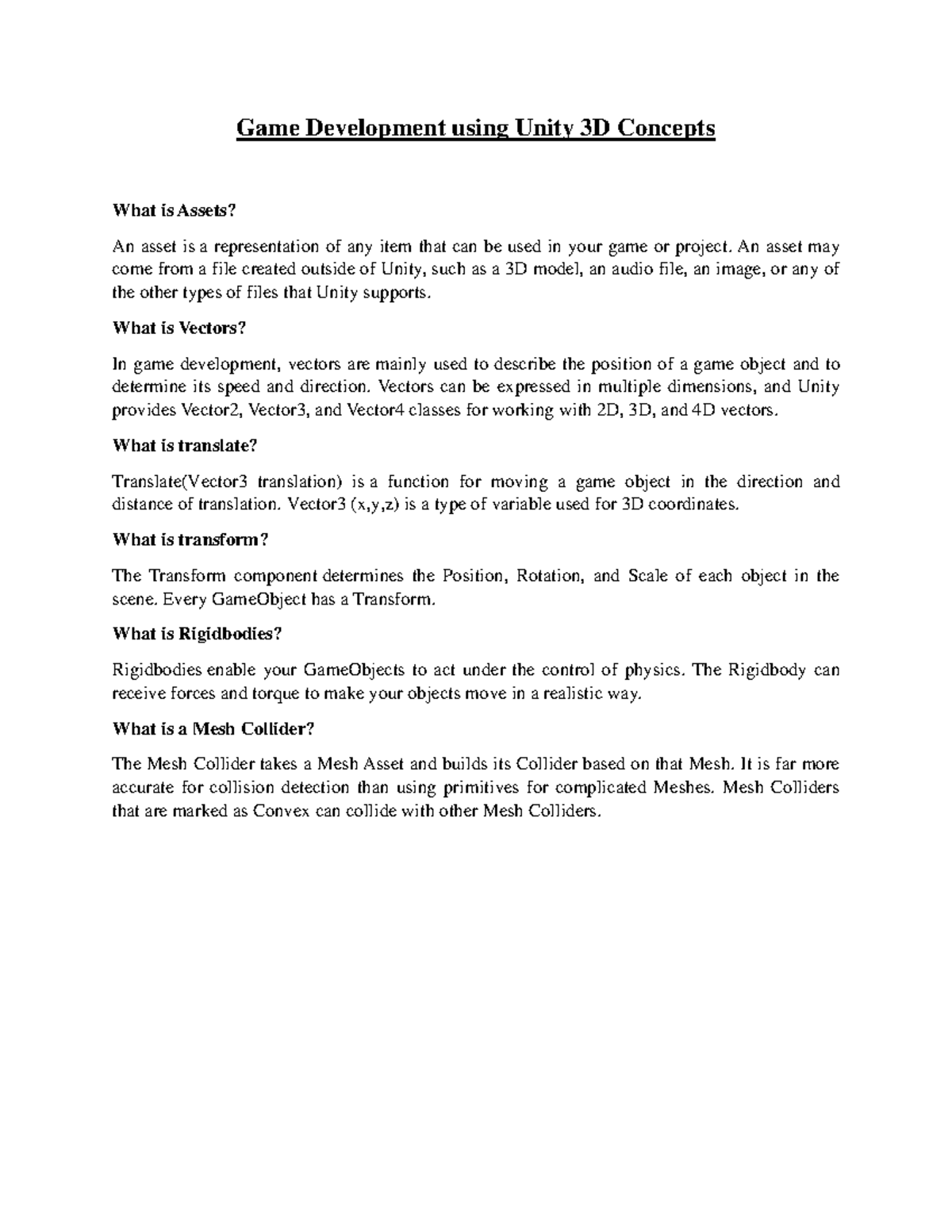 Lecture 1 Notes - ... - Game Development using Unity 3D Concepts What ...