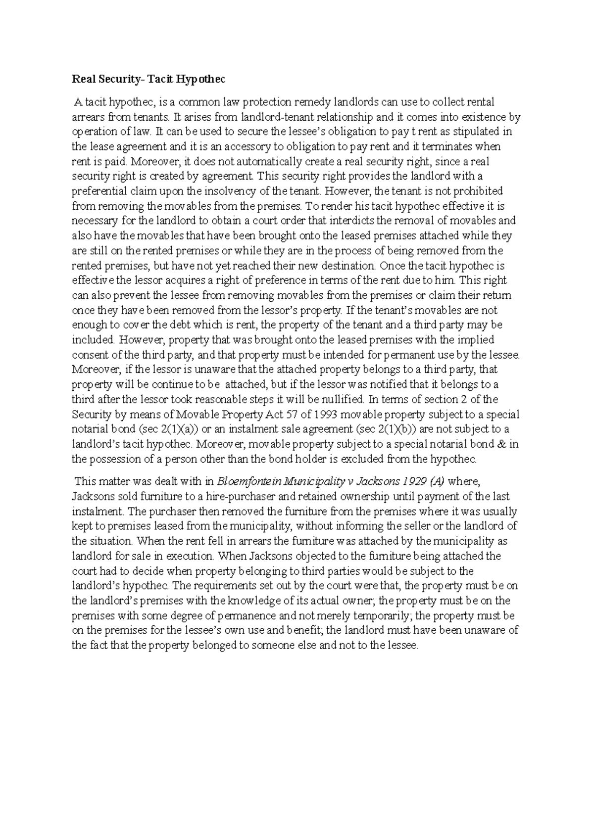Law of Property Tacit hypothec - Real Security- Tacit Hypothec A tacit ...