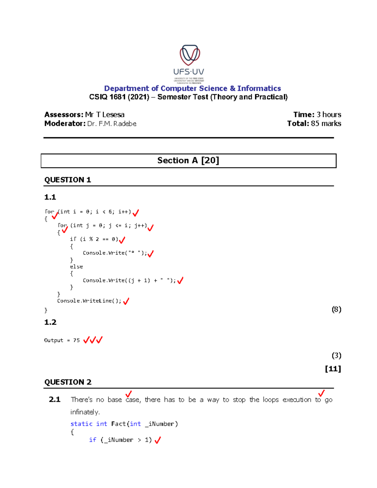 CSIQ1681 Semester Test 1 2021 Memorandum - Department of Computer ...