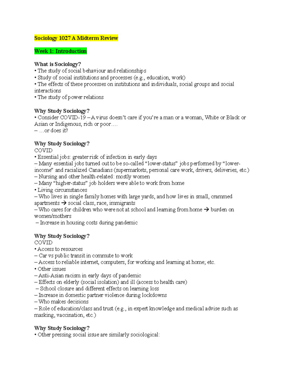 Sociology 1027 A Midterm Review - Sociology 1027 A Midterm Review Week ...