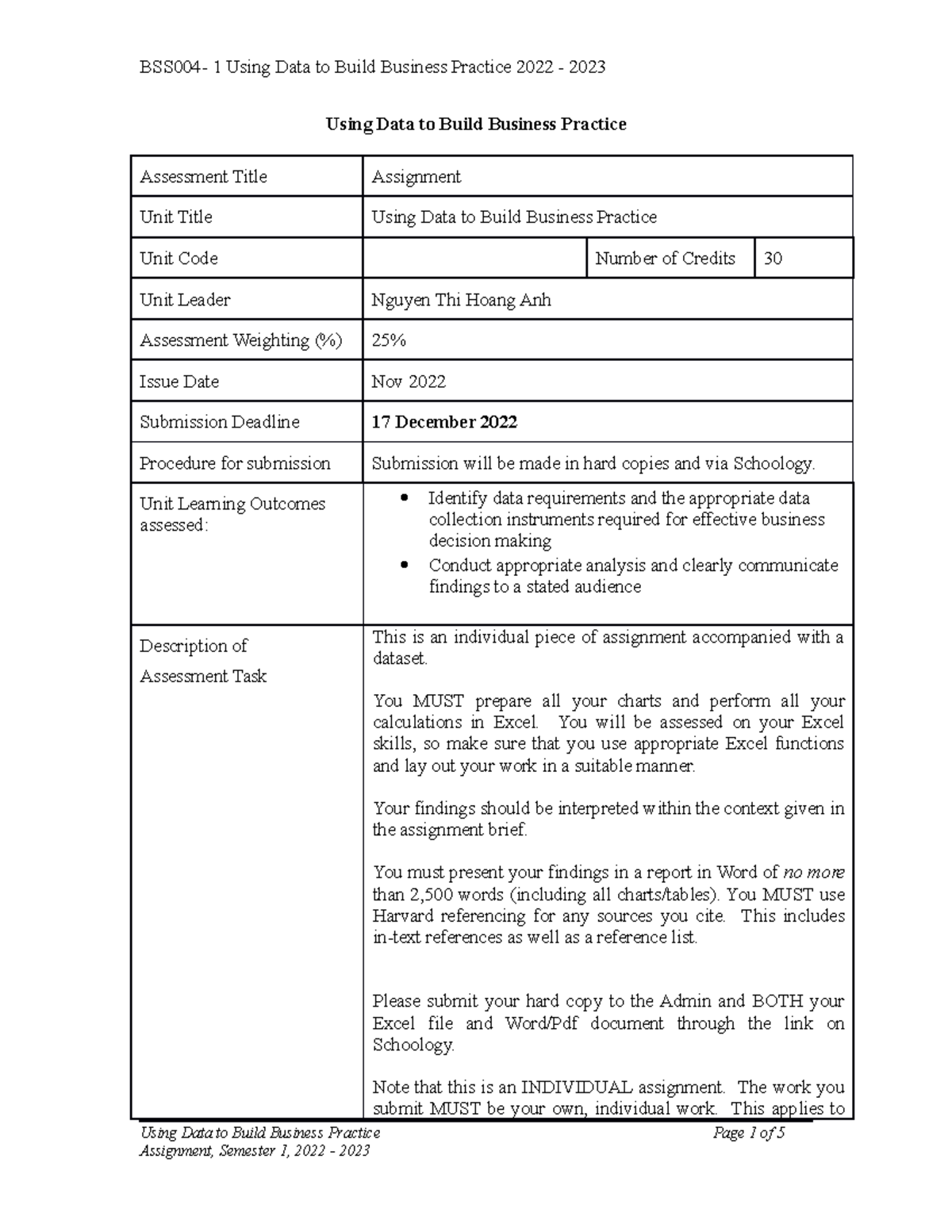 2022 - Assignment One - data - Using Data to Build Business Practice ...