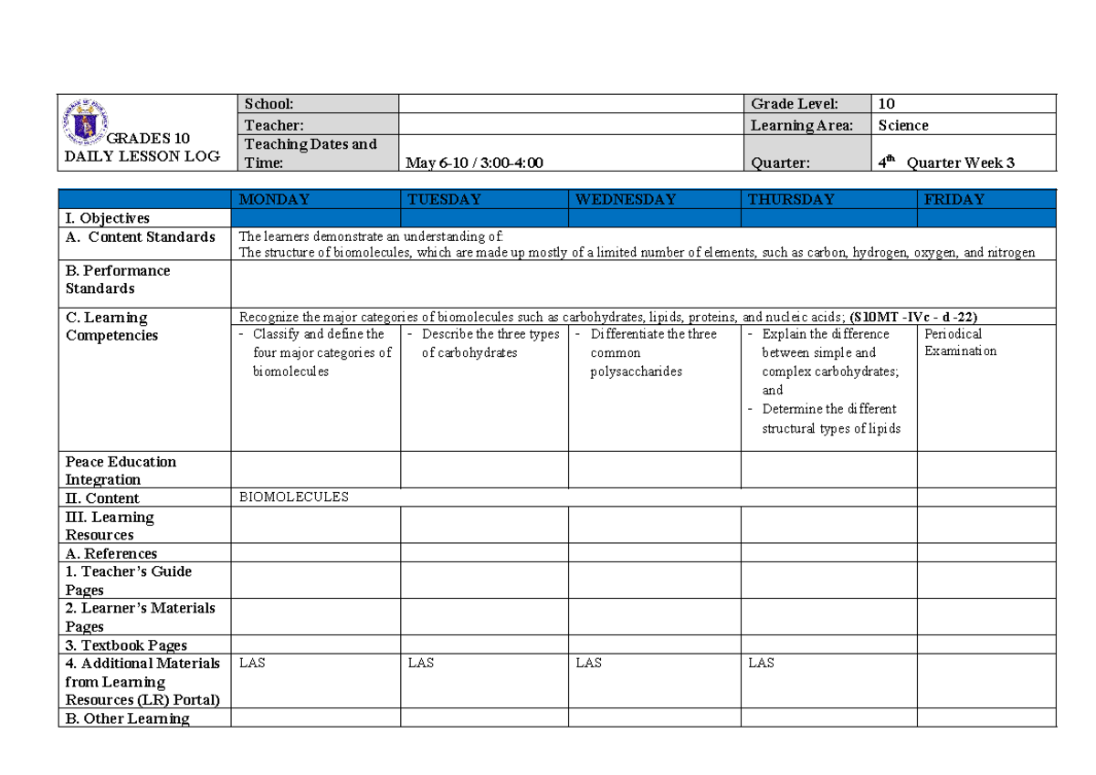 Science 10 DLL Q4 W3 docx - GRADES 1 0 DAILY LESSON LOG School: Grade ...
